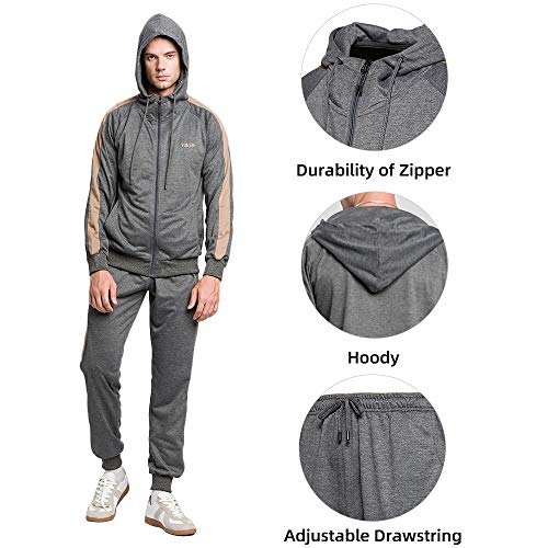 TOLOER Men Gym Contrast Jogging Suits Sets Warm Tracksuit Running Walking Jacket and Pants Gray Small