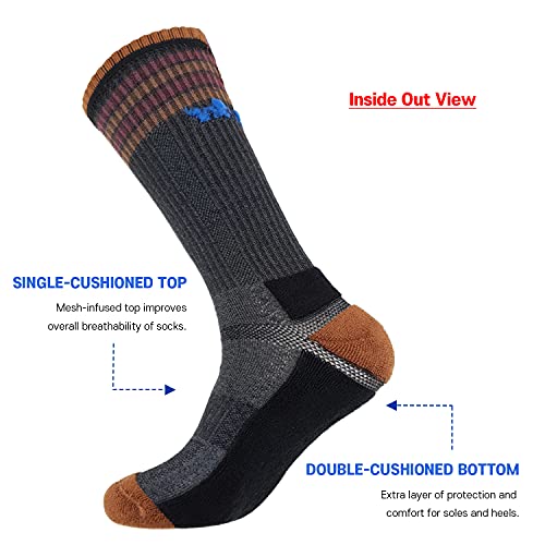 Tom & Mary Men’s Hiking Socks, Cotton (84%), Long Crew, Moisture Wicking, Half Double Cushioned, Lightweight (4 Pairs) (Large Size 11-14)