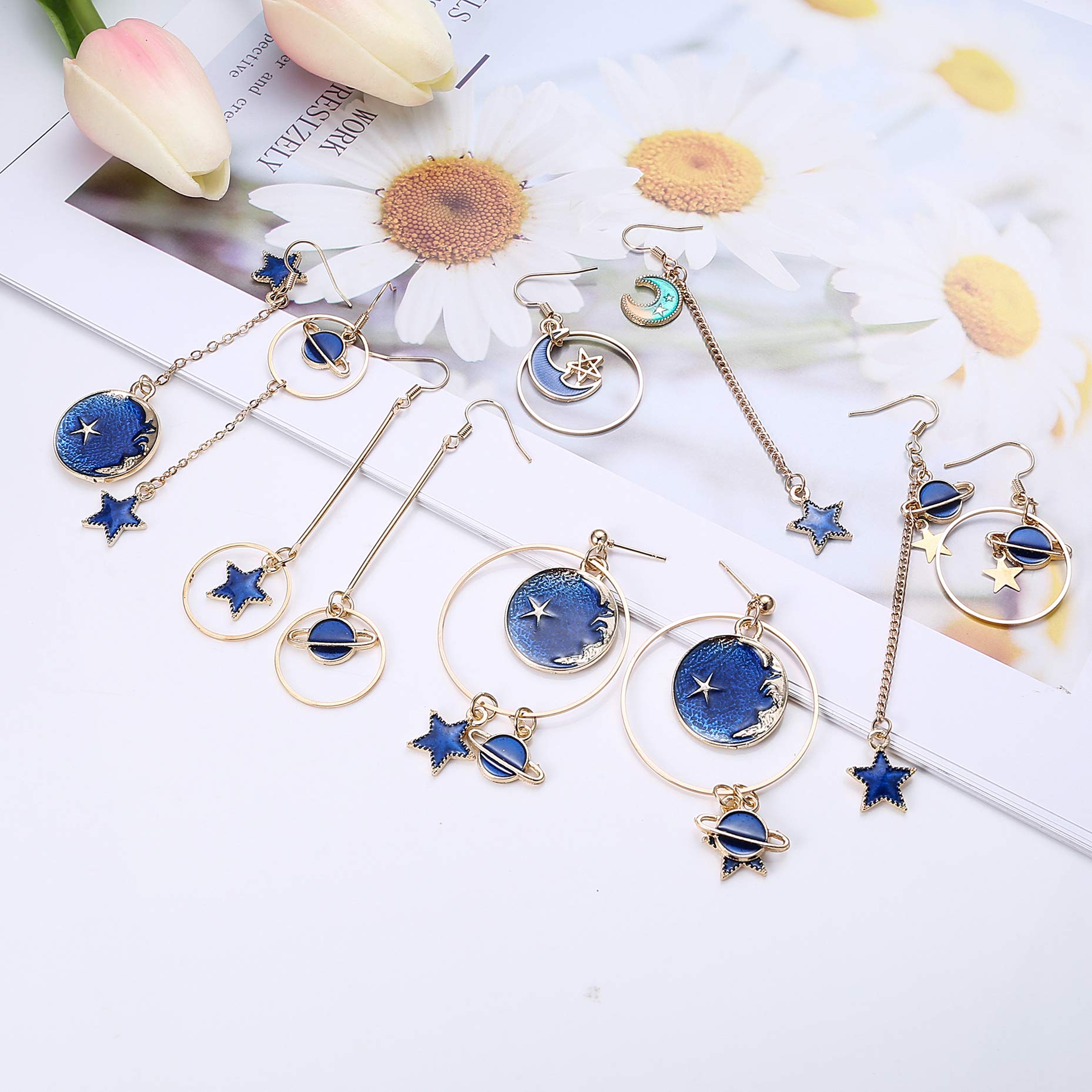 SAILIMUE 5 Pairs Enamel Moon Star Earth Planet Earrings Set Asymmetric Long Pendant Hook Dangle Stud Earrings for Women