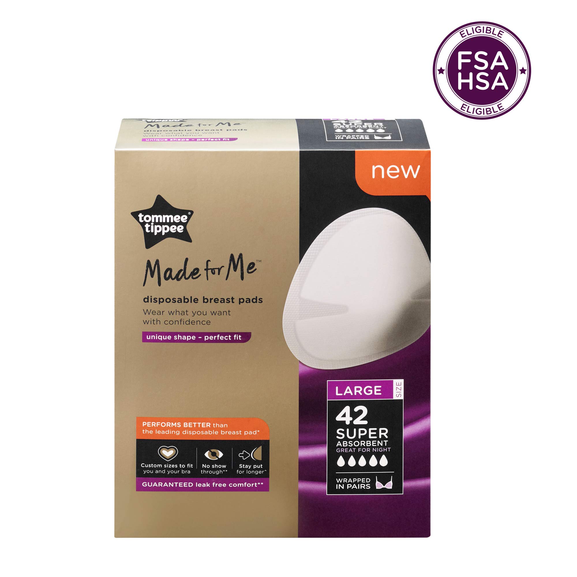 Tommee Tippee Made for Me Super Absorbent Disposable Breast Pads, Soft, Leak-Free, Contoured Shape, Adhesive Patch, Large, Pack of 100