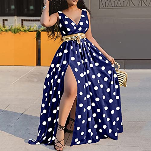 Women Polk Dot & Floral Long Dress Deep V Neck Printed High Wasited Side High Split Maxi Dress for Summer Navy