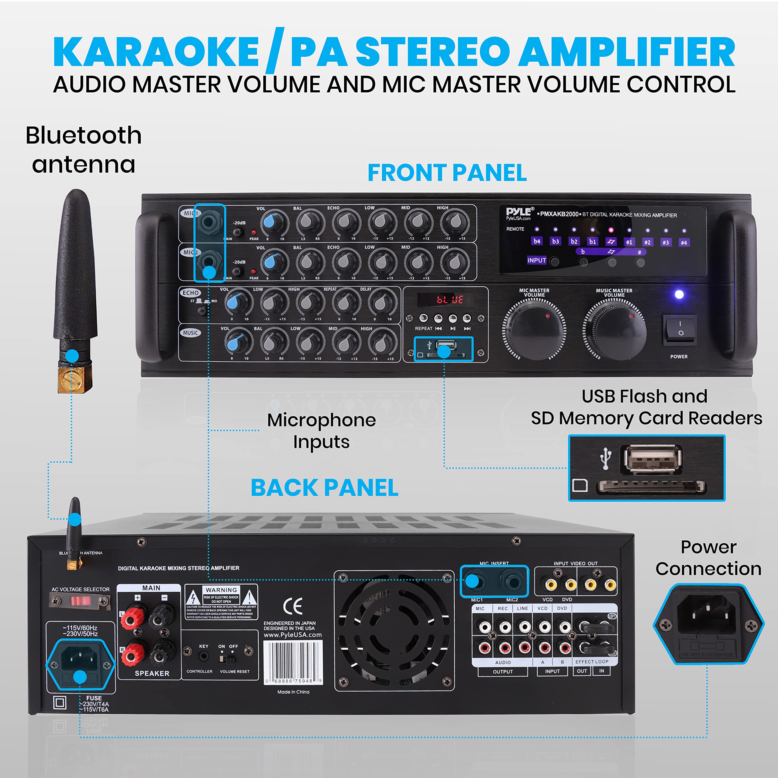 Pyle Dual Channel Bluetooth Mixing Amplifier - 2000W Rack Mount Karaoke Sound Mixer Audio Home Stereo Receiver Box System w/ RCA, USB, AUX - For Speaker, PA, Home Theater, Studio/Stage PMXAKB2000
