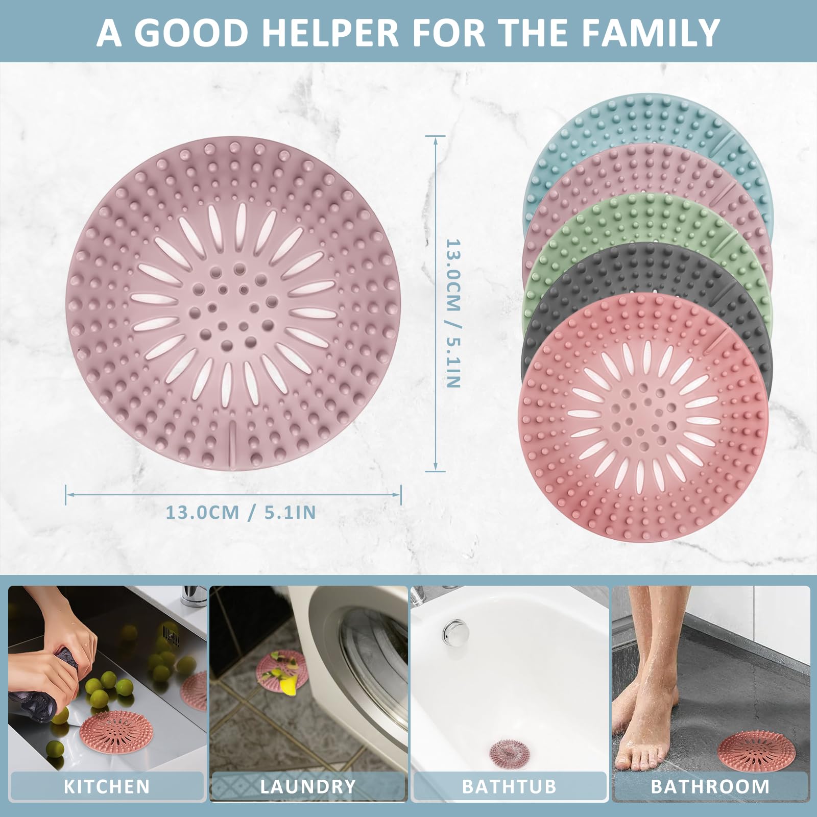 TBLLLY 5PC Shower Drain Hair Catcher Bathroom Accessories Durable Silicone Drain Cover Hair Stopper with Suction Cups for Shower Kitchen Bathroom Small Circle Shape