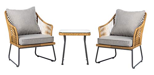 SAFAVIEH Outdoor Collection Jensen Natural Brown Rattan/Grey Seat Cushion 3-Piece Patio Lounge Bistro Set with Table (PAT9008A)