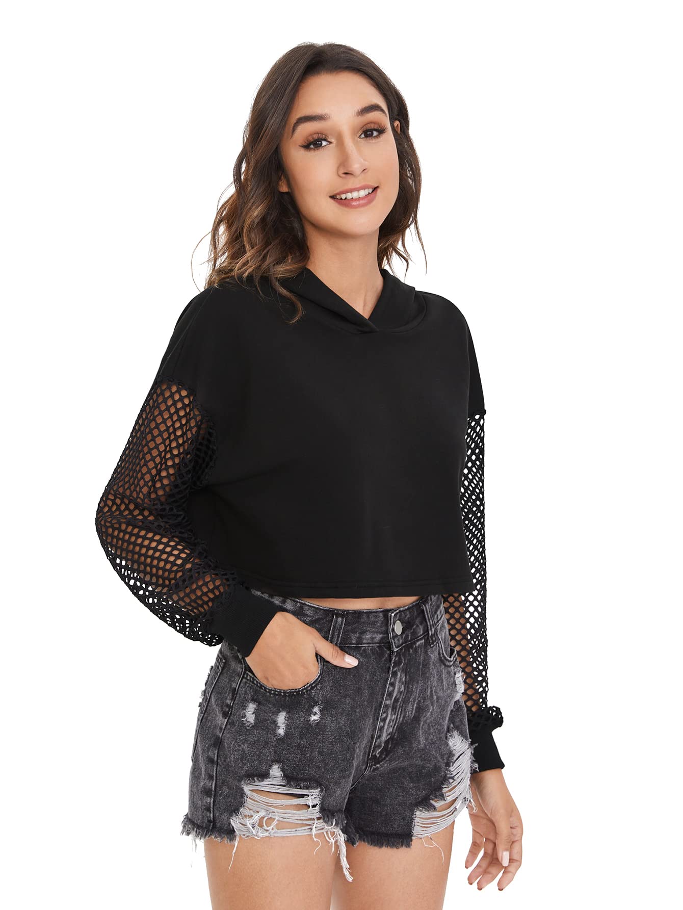 Verdusa Women's Casual Long Sleeve Fishnet Pullover Hoodie Crop Top Sweatshirt Black M