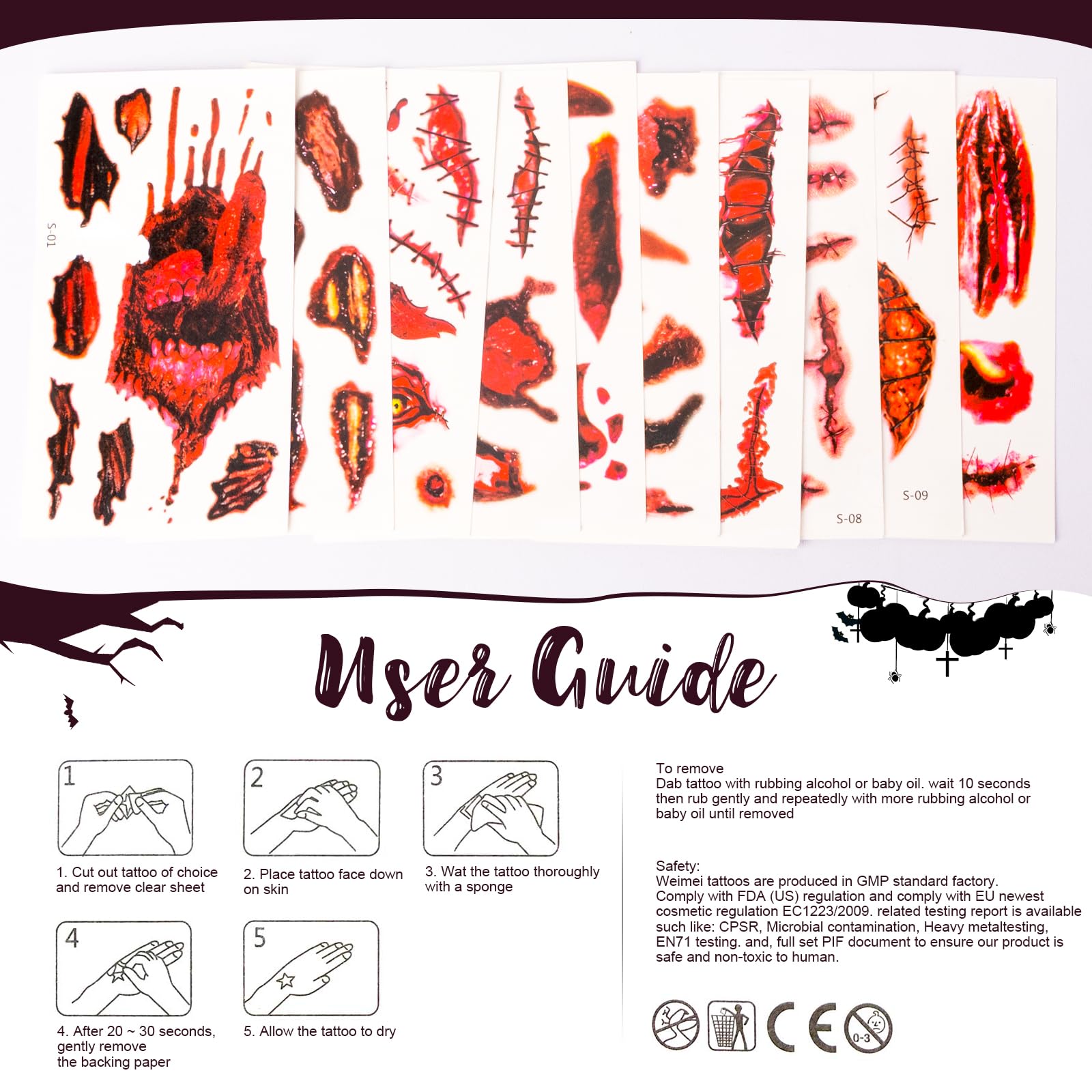 YOSENG Horror Realistic Fake Bloody Wound Stitch Scar Scab Waterproof Temporary Tattoo Sticker Halloween Masquerade Prank Makeup Props for face,body-10PC(YS-10)