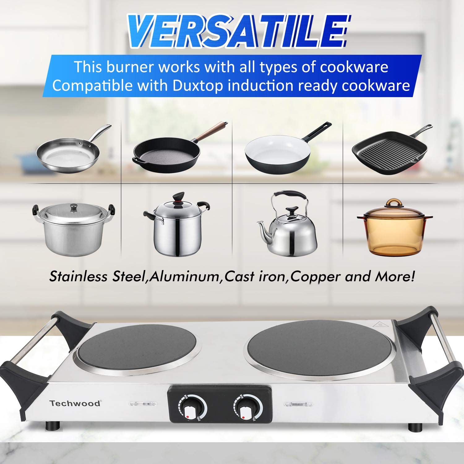 Techwood Electric Stove, Double Infrared Ceramic Hot Plate for Cooking, Two Control Cooktop Burner, Portable Anti-scald handles Suitable for Office/Home/Camp Use, 1800W Compatible for All Cookwares