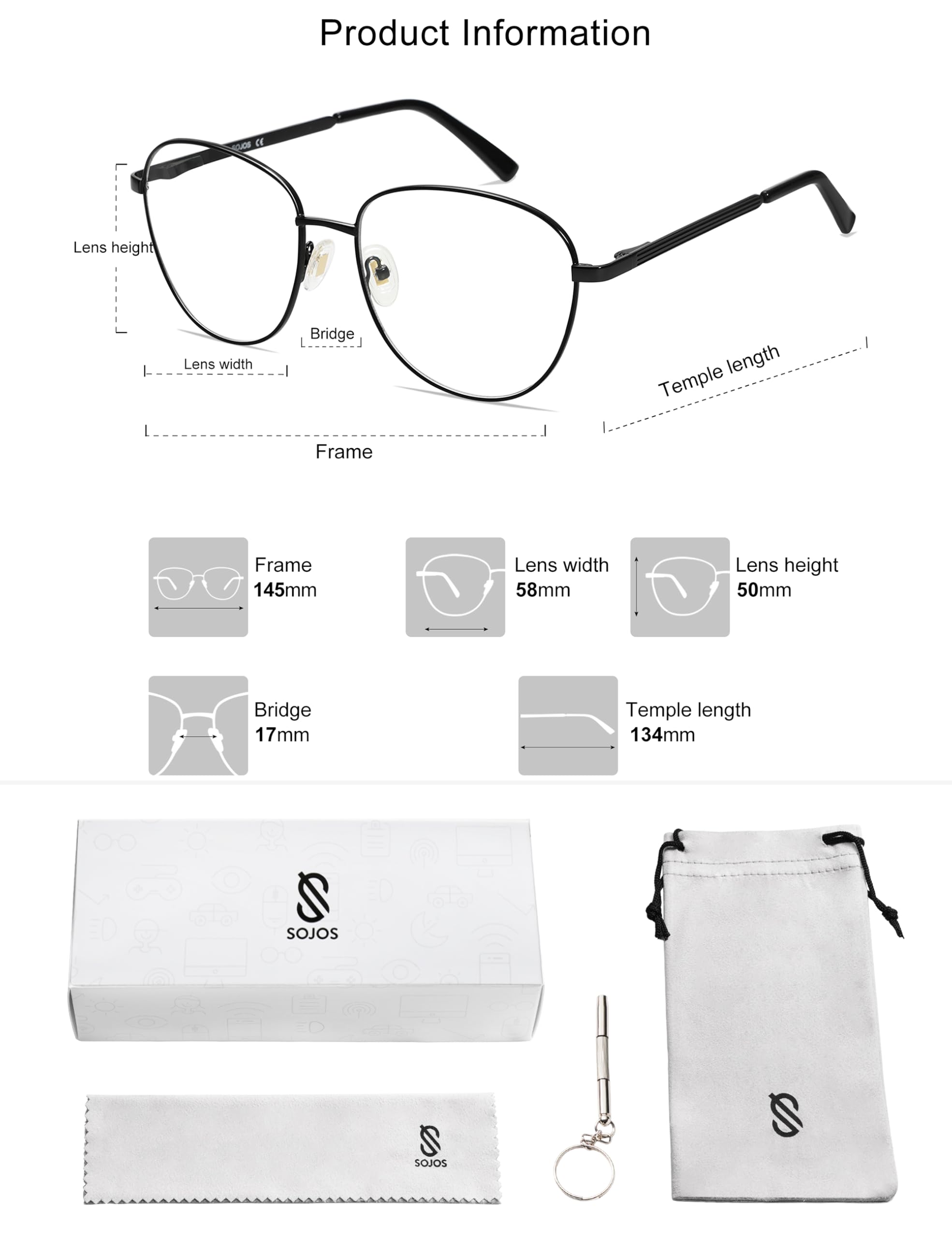 SOJOS Oversized Aviator Blue Light Blocking Glasses for Women Men, Metal Frame Clear Lens Eyeglasses SJ5098, Matte Black Frame/Anti-Blue Light Lens