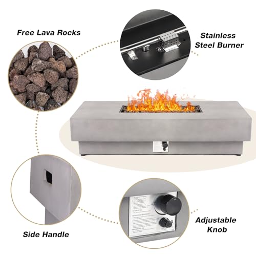 ReeQuo 60-inch Outdoor Propane Fire Pit Table Set - 2-Piece, 50,000 BTU, Concrete Large Rectangular Fire Table with Lid, Propane Tank Table, Lava Rocks, Rain Cover - Perfect Firepit for Outdoor Use