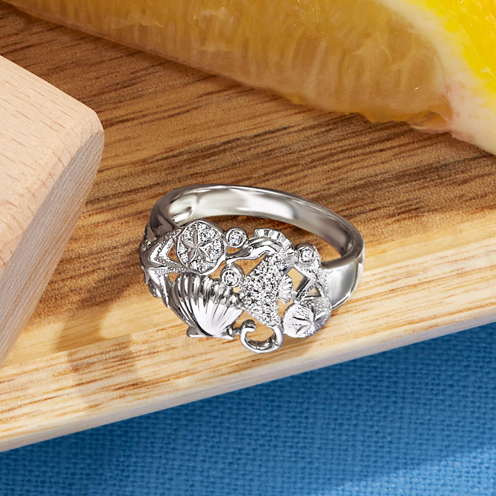 Ross-Simons 0.10 ct. t.w. Diamond Sea Life Ring in Sterling Silver. Size 7