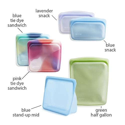 Stasher Premium Silicone Reusable Food Storage Bags, 6-Pack, Tie Dye Multi, Multi-Use Food Storage Bags, Lunch Bag, Travel Containers, BPA Free, Leak-free, Dishwasher-Safe, Eco-friendly
