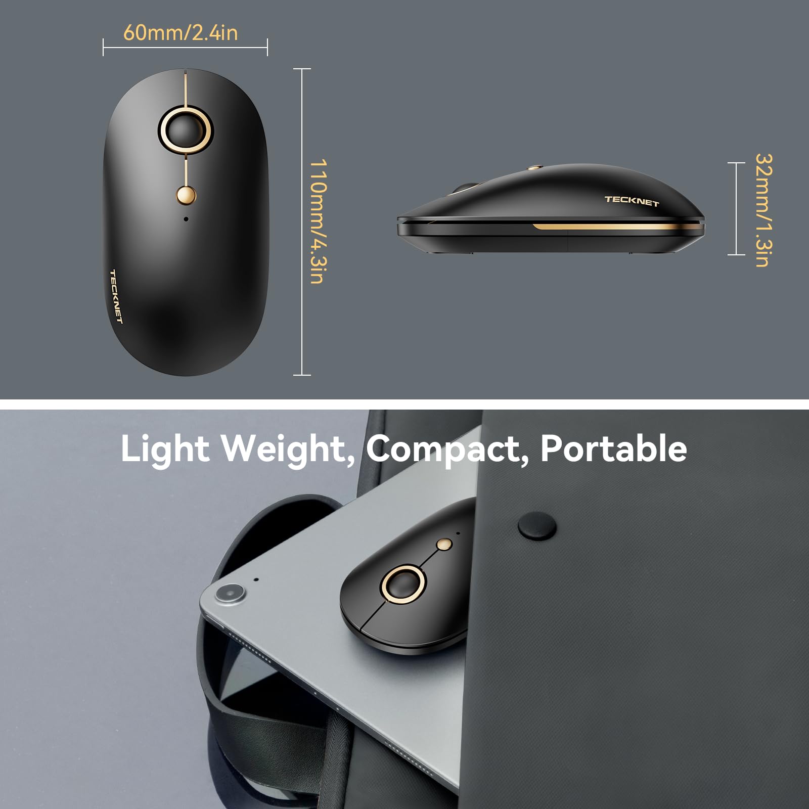 TECKNET Wireless Mouse for Laptop, 2.4Ghz USB-A Computer Mouse Wireless, 4800 DPI Ambidextrous Silent Mouse for Quiet Click, Slim Portable Wireless Mouse Compatible with Chromebook MacBook Pro Air