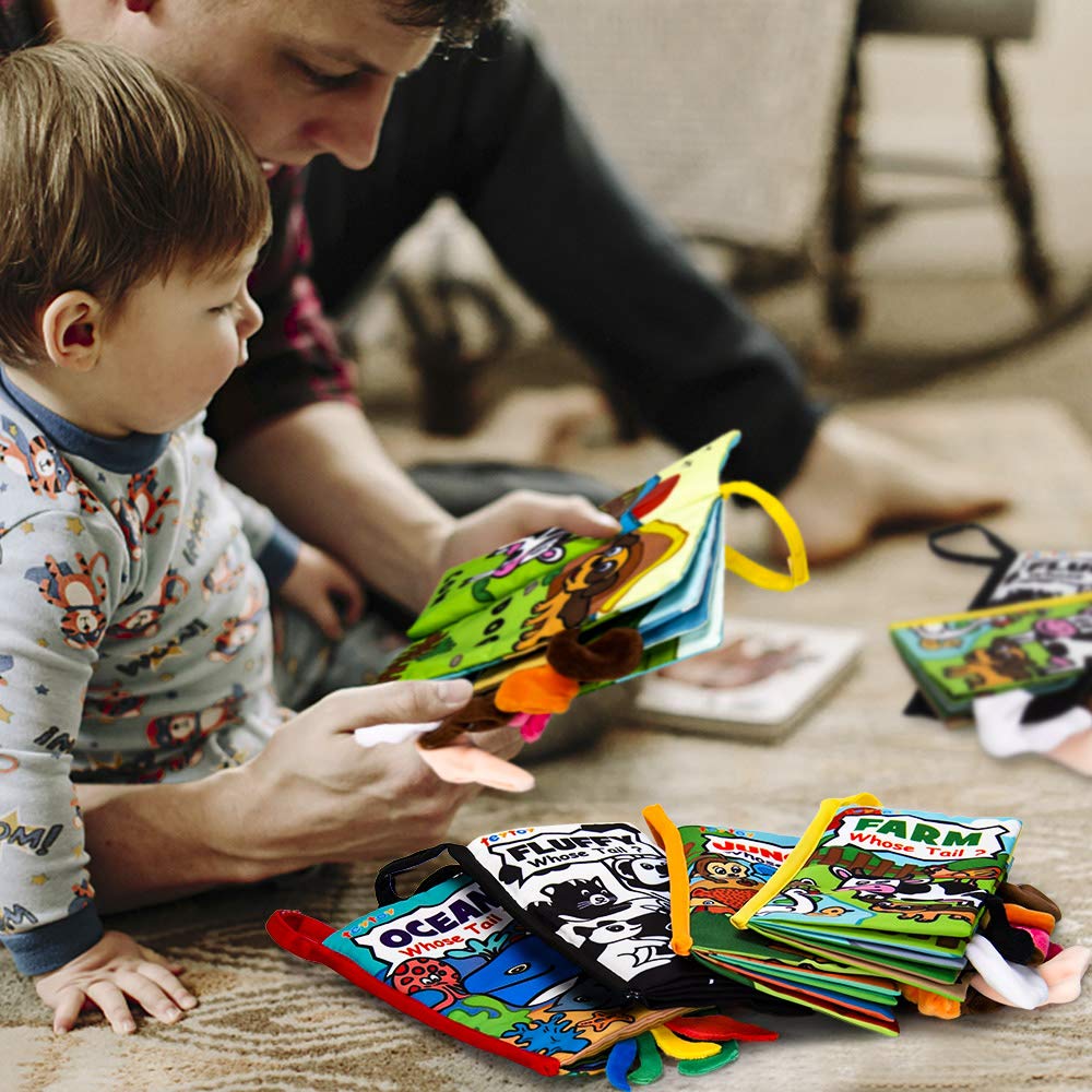 teytoy My First Crinkle Tail Books, 4 PCS Nontoxic Fabric Baby Cloth Activity Crinkle Soft Books, Infants & Toddler Early Development Interactive Toys, Gift for Babies and Toddlers