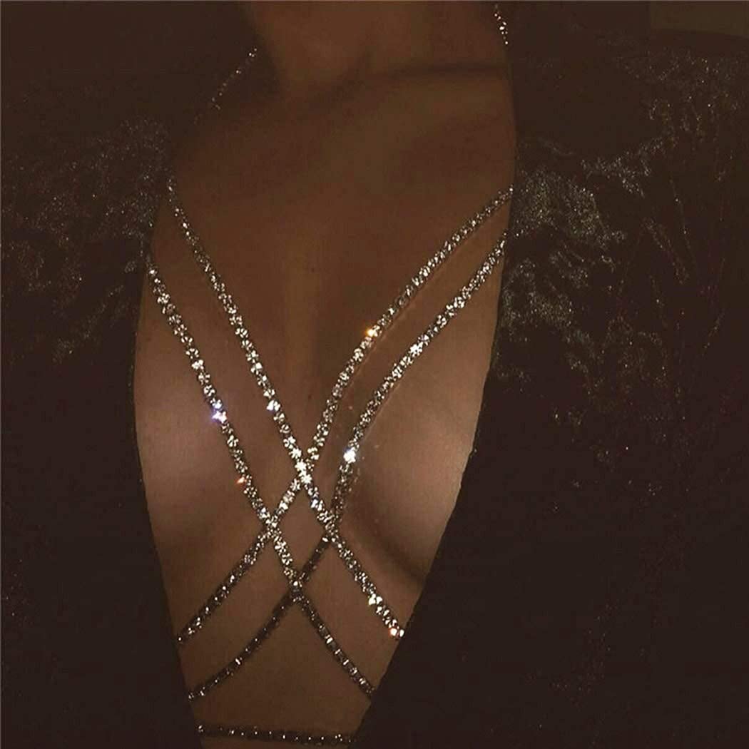 Victray Glitter Rhinestone Body Chain Jewelry Crystal Bikini Bra Chains Sparkly Chest Chain Accessory for Women (Silver)