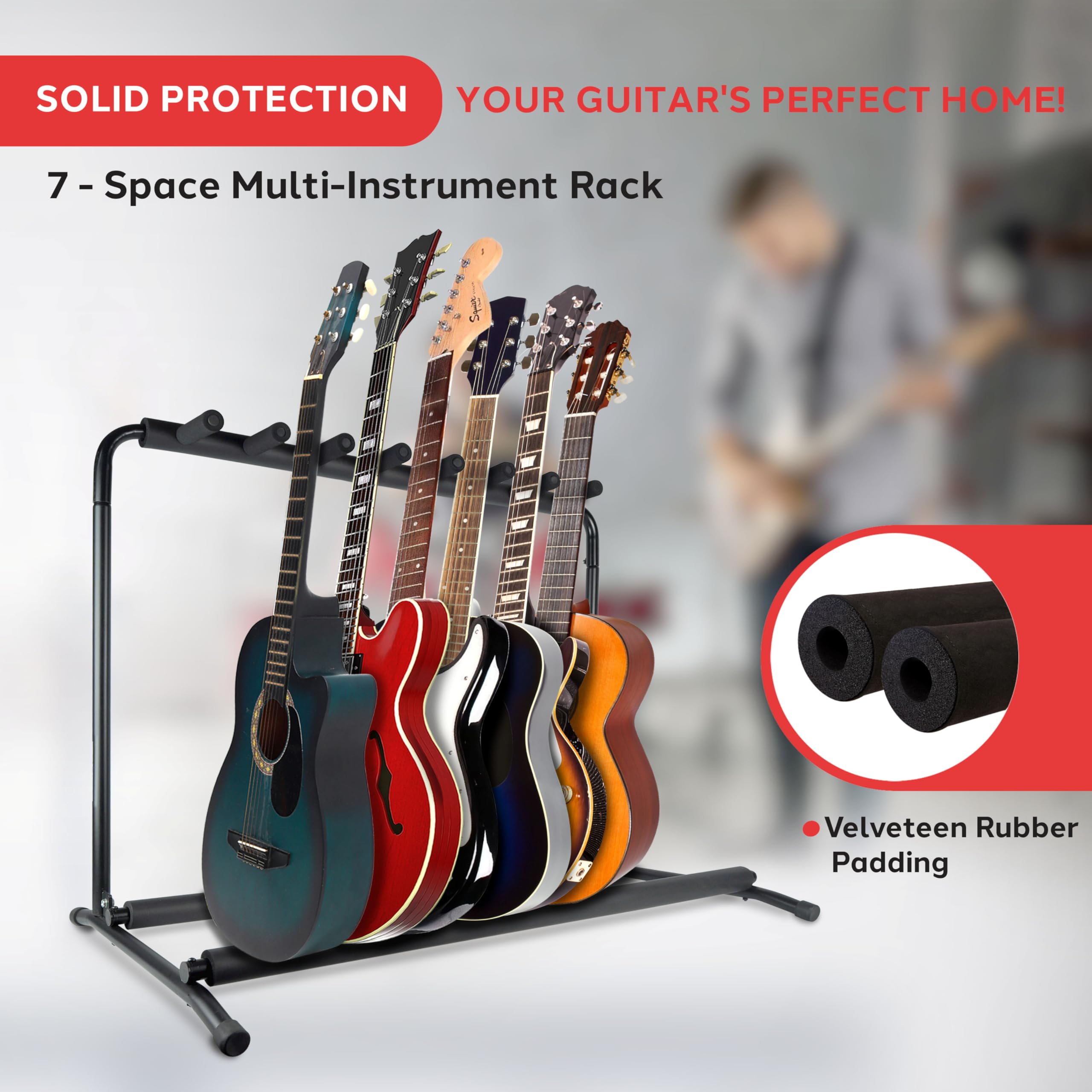 Pyle Multi-Guitar Stand 7 Slot Display Rack - Universal Framework Designed for Electric, Acoustic, Bass Guitars & Cases - Foldable, Portable, and Protective with No-Slip Non-Scratch Padding - Black