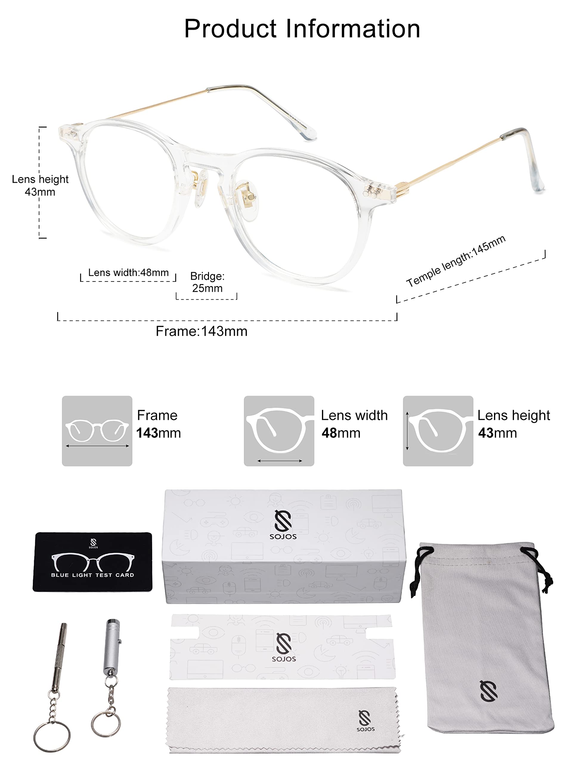 SOJOS Retro Round Blue Light Blocking Computer Glasses for Men Women Anti Blue Ray Clear Lens Glasses SJ5119 with Crystal Frame