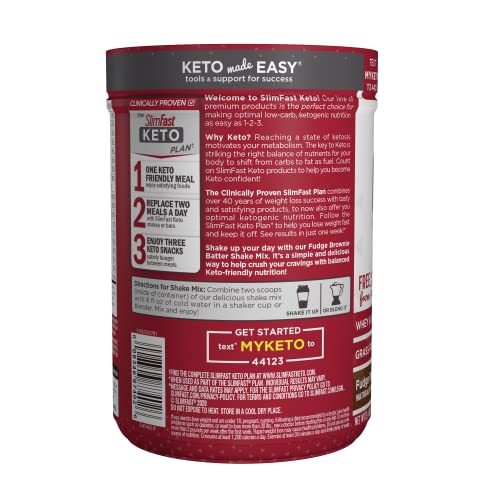 SlimFast Keto Meal Replacement Powder, Fudge Brownie Batter, Low Carb with Whey & Collagen Protein, 10 Servings