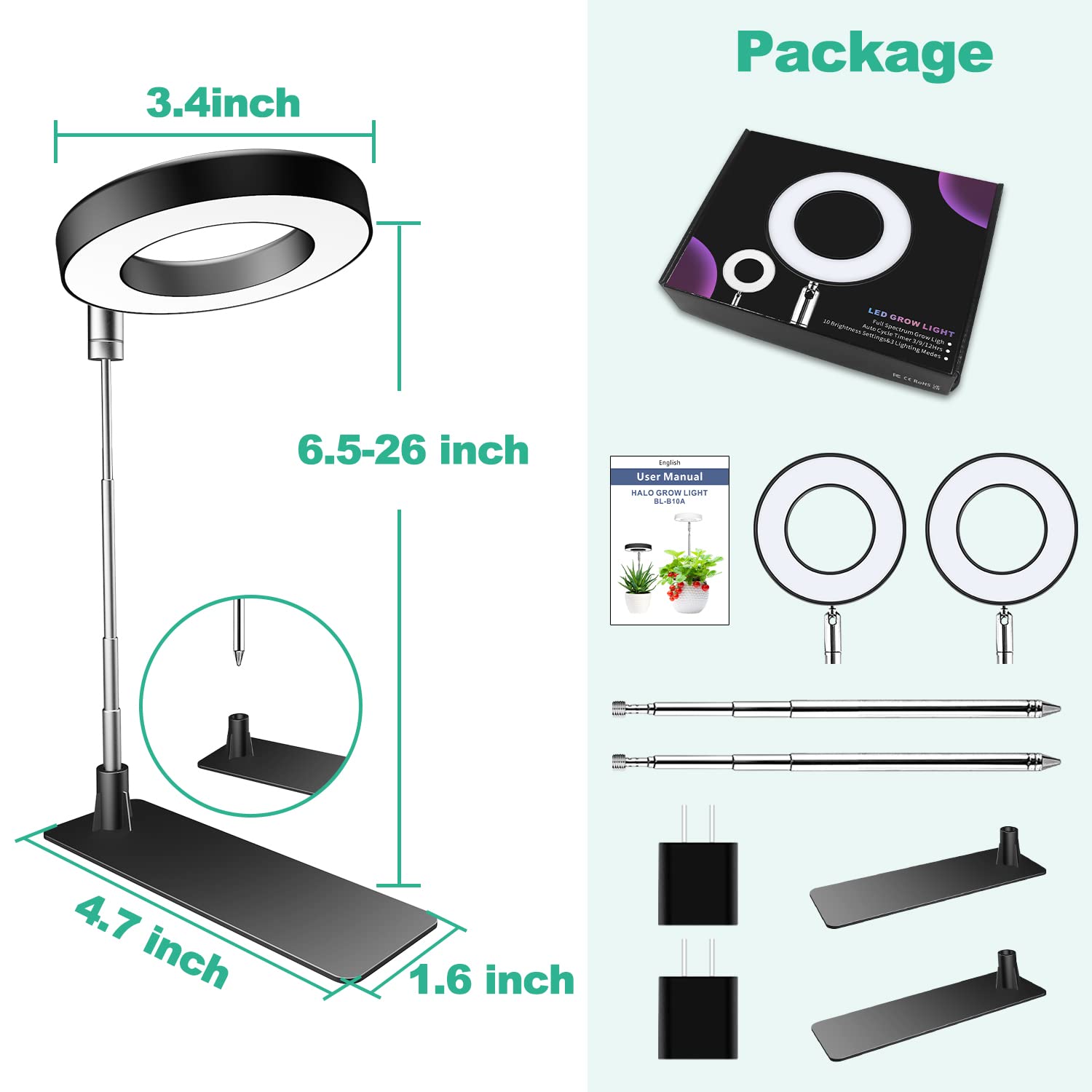 Wiaxulay Grow Lights for Indoor Plants, 48 LED Full Spectrum Plant Light for Indoor Plants, Height Adjustable Plant Grow Light with Base, 10 Brightness, 3/9/12Hrs Timer, Ideal for Small Plants,2 Packs
