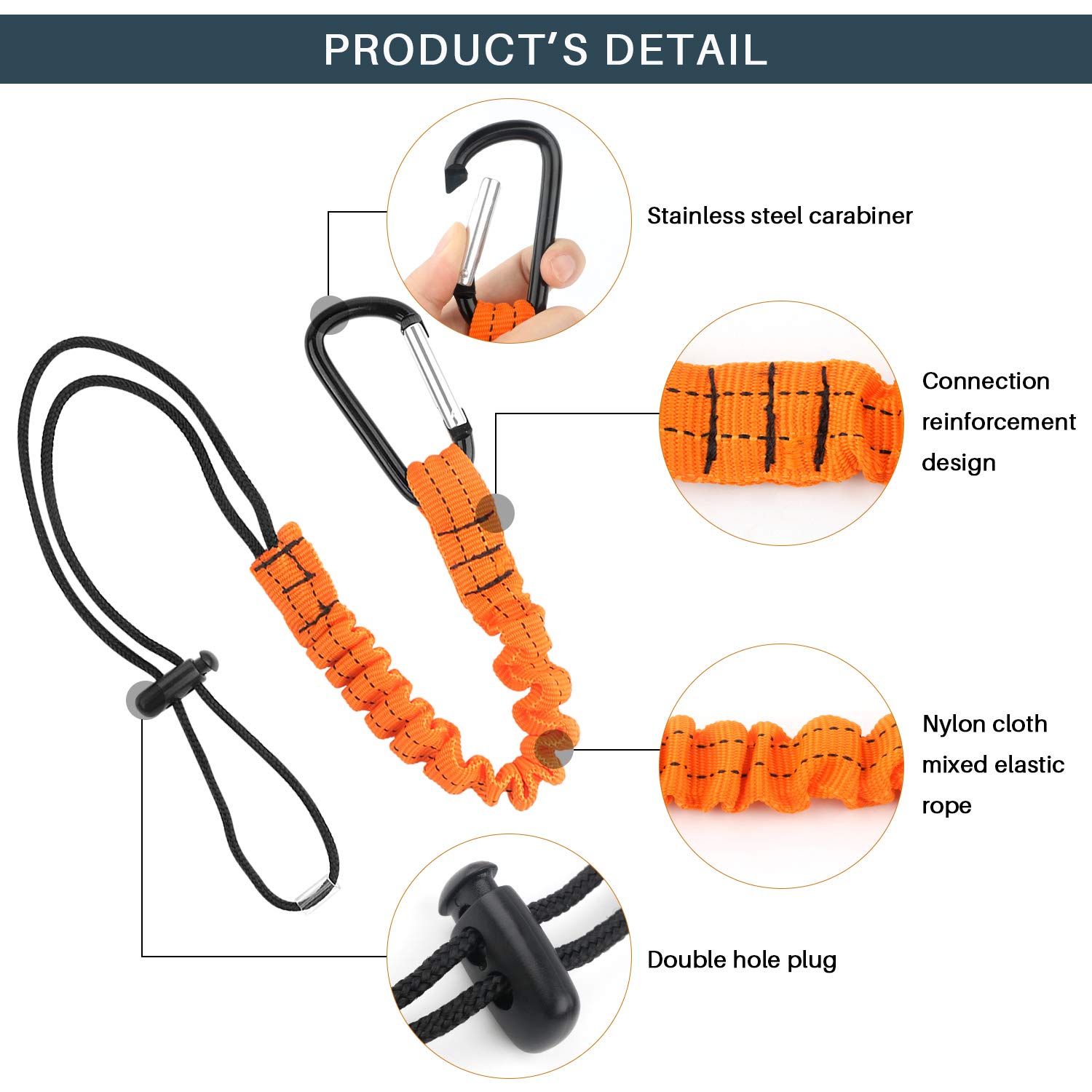 Tool Lanyard, Quick Release Shock Absorbing Safety Tool Leash Retractable Bungee Cord with Carabiner Clip and Adjustable Loop End, 15 Ib Working Limit Fall Protection Equipment