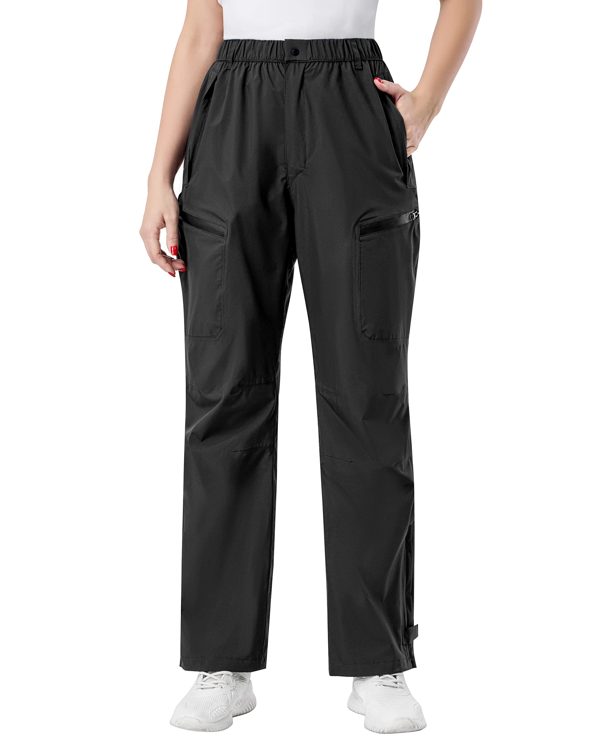 Women's Rain Pants, Waterproof Rain Over Pants Lightweight Packable Windproof Hiking Pants Outdoor Golf Work Black