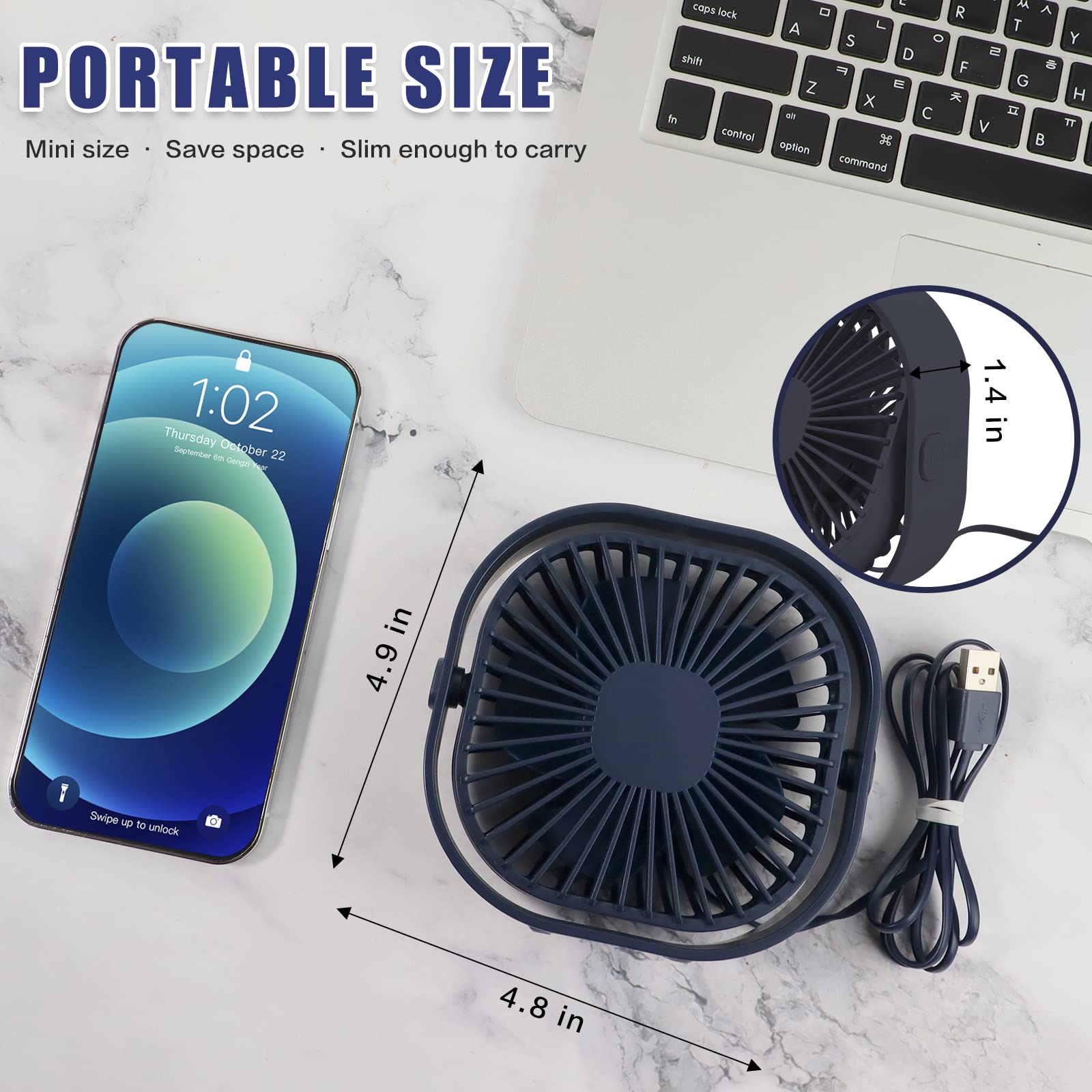 Small USB Desk Fan, 3 Speeds Silent Wind and 360° Rotatable, 4 inch Personal Mini Fan for Office Dorm Bedroom Laptop Library Indoor Summer Gift (GREY)