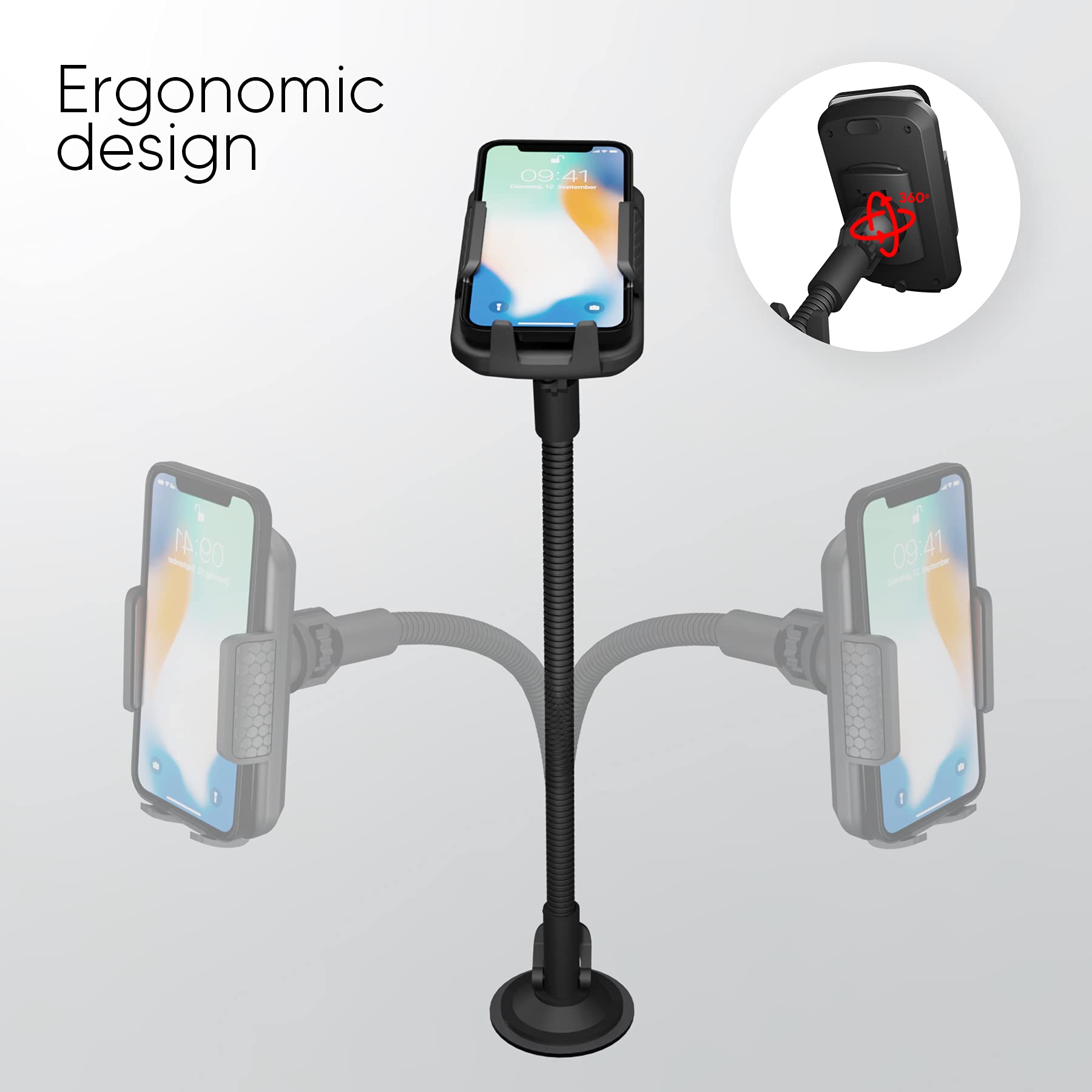 TALK WORKS Car Windshield Dashboard Phone Mount Compatible w/iPhone 15/15 Pro/15 Pro Max, 14/14 Plus/14 Pro/14 Pro Max, 13/Mini/Pro/Pro Max, Android Smartphones-Flexible Gooseneck Suction Cup (Black)