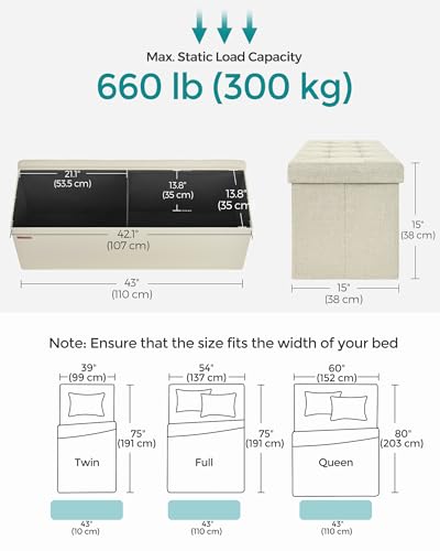 SONGMICS 43 Inches Folding Storage Ottoman Bench, Storage Chest, Foot Rest Stool, Bedroom Bench with Storage, Beige ULSF77BE