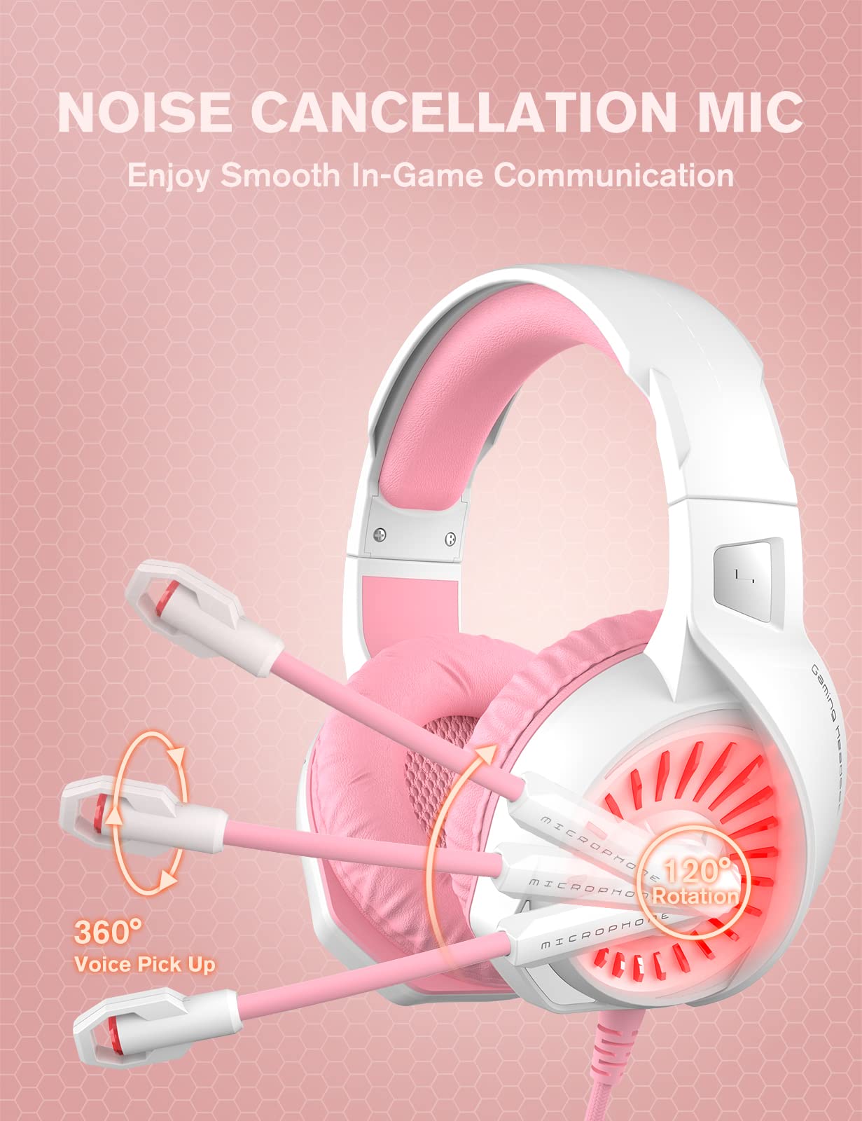 ZIUMIER Z20 Gaming Headset for PS4, PS5, Xbox One, PC, Wired Over-Ear Headphone with Noise Canceling Microphone, 7.1 Surround Sound,Comfortable Earmuffs, Pink