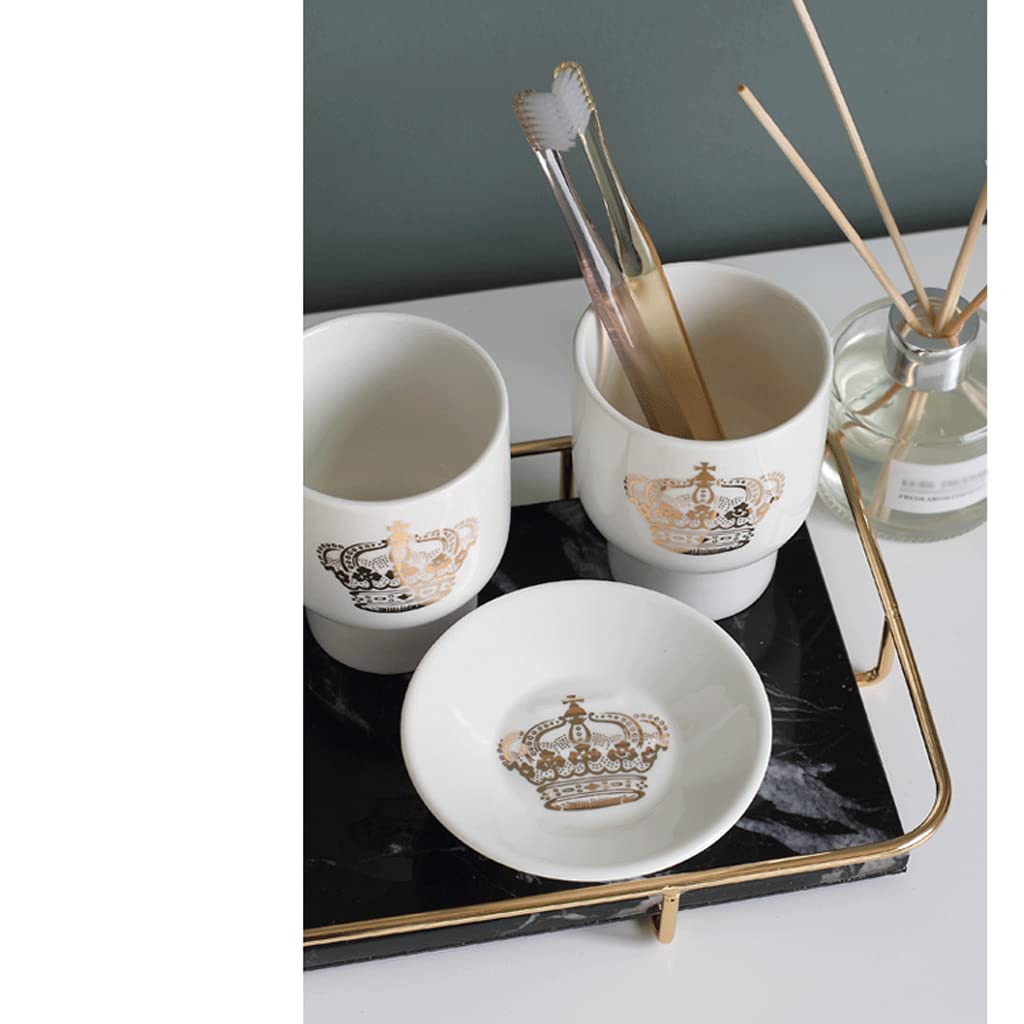 UTOYA Durable Ceramic Bathroom Accessory Set,Crown Print Bathroom Decor Accessories Set,Soap/Lotion Dispenser W/Luxury Gold Pump-Marble Tray Replacement