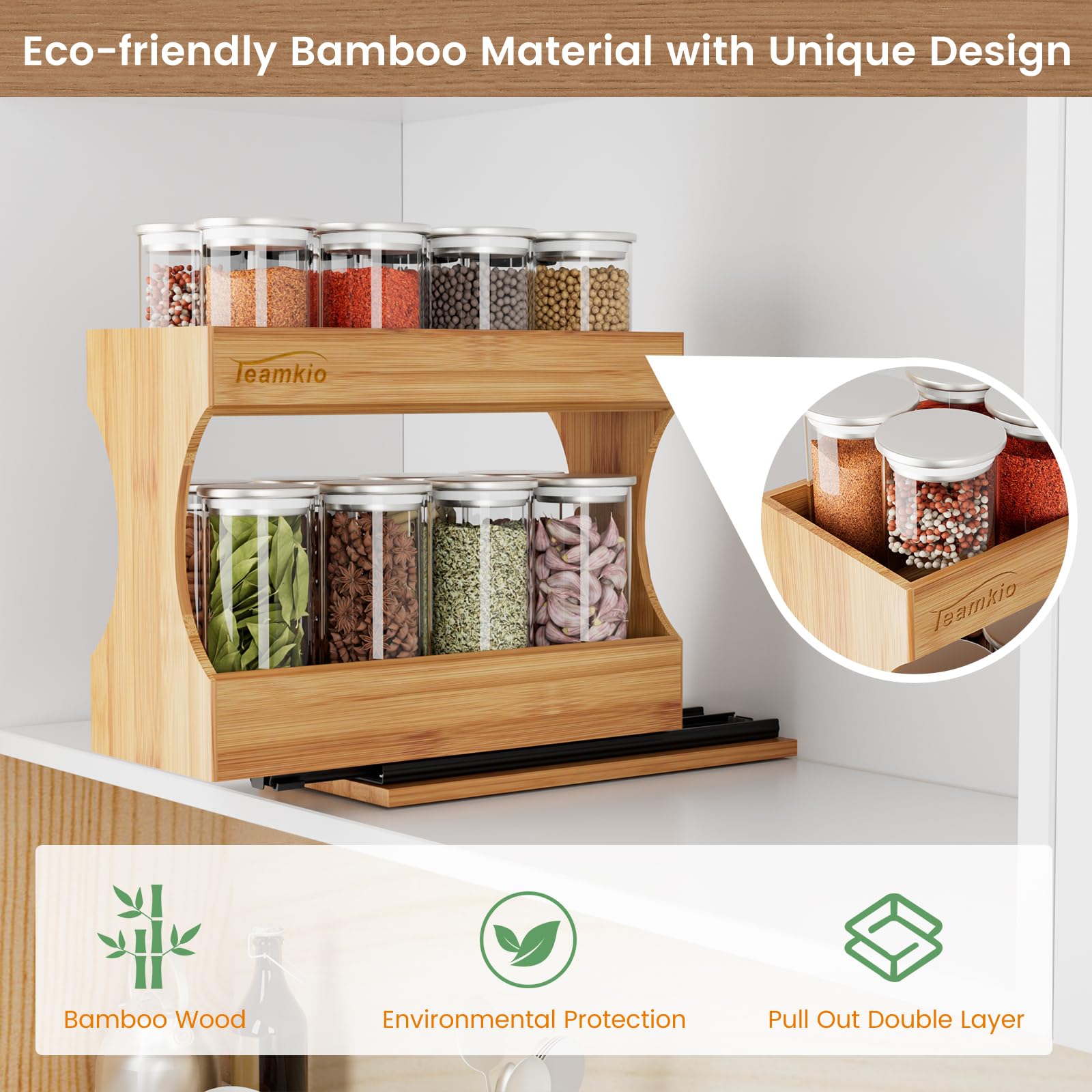 Teamkio Bamboo Spice Rack Organizer for Cabinet, 2-Tier Pull Out Spice Rack, Tool-Free Install Slide Out Vertical Seasoning Spice Organizer for Kitchen Cabinet(Bottles not included
