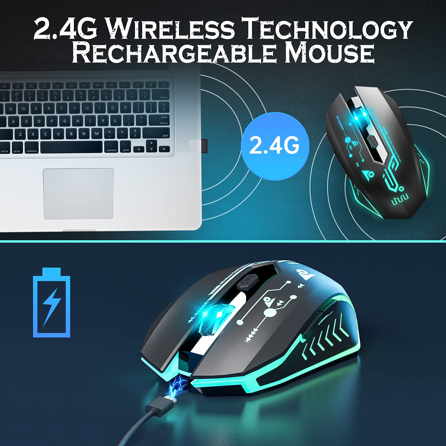 UHURU WM-02Z Wireless Gaming Mouse, 2.4G Wireless Rechargeable Mouse with 6 Programmable Buttons, 5 Adjustable Levels DPI Up to 4800DPI, 7 Colorful LED Lights, Compatible with Notebook, PC, Mac