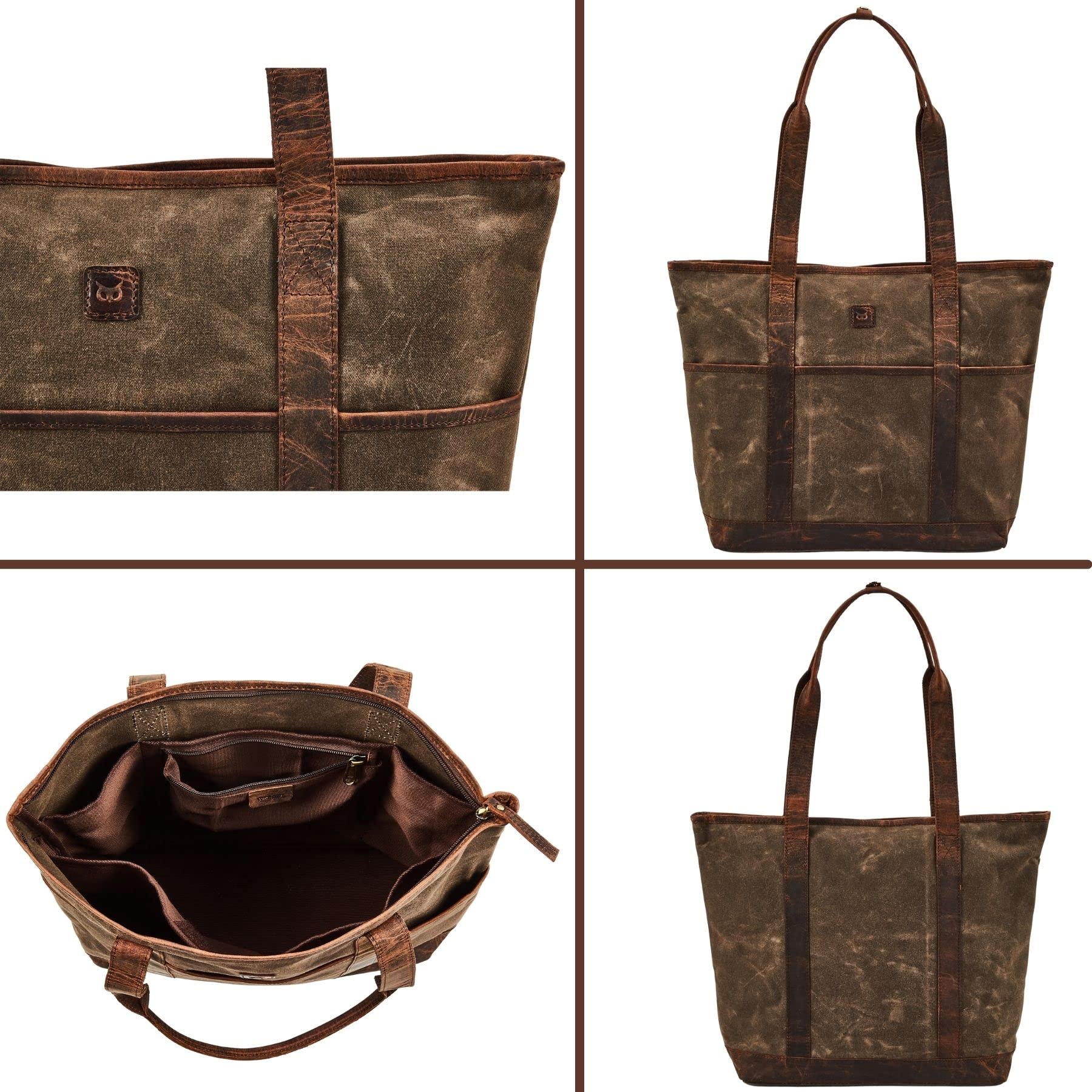 Wise Owl Accessories Tote Bag for Women Real Leather Shoulder Handbag Organizer Water Repellent Waxed Canvas with Compartments (Taupe)