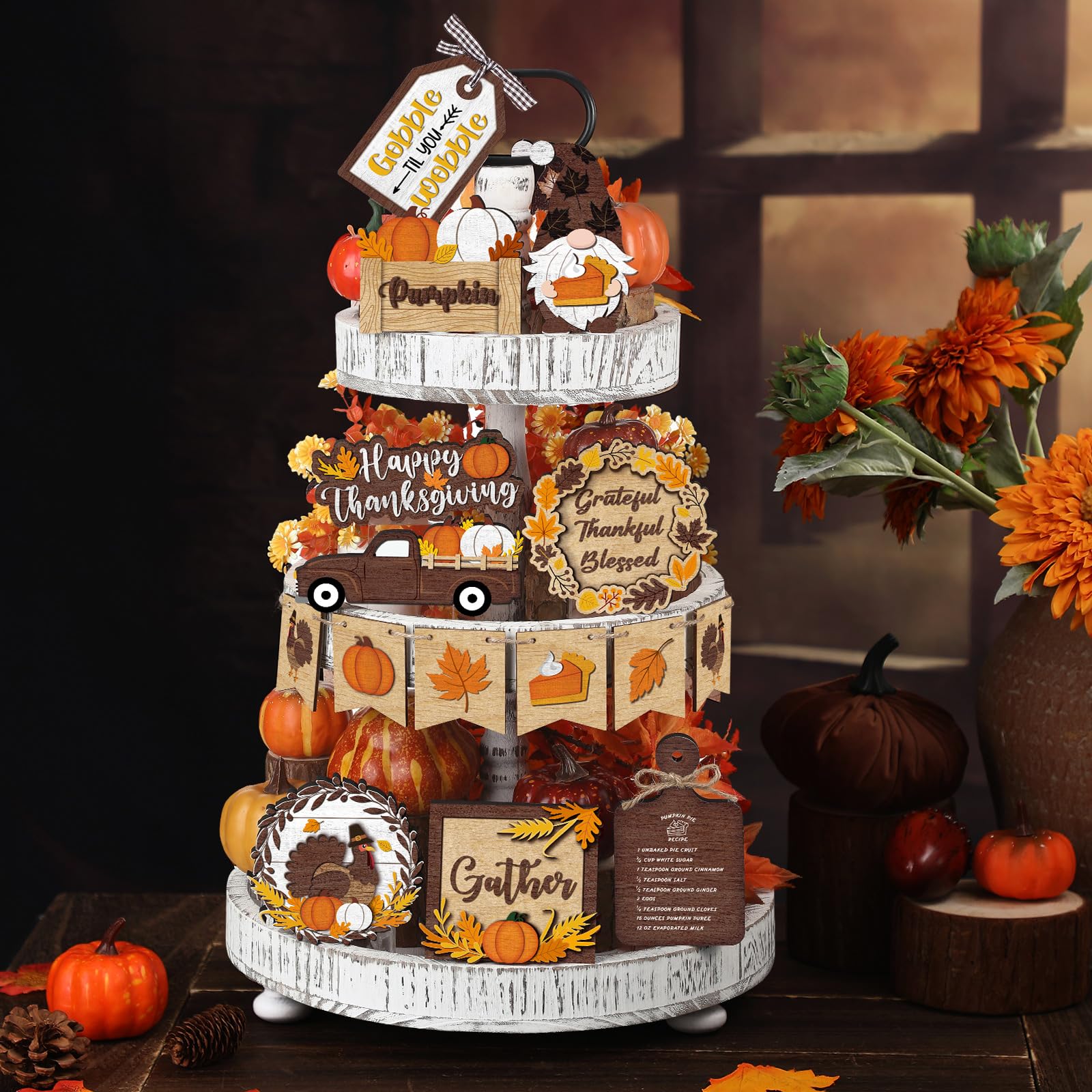 Set of 15 Fall Tiered Tray Decor Pumpkins Farmhouse Decor Autumn Maple Leaf Table Centerpieces Thanksgiving Harvest Wood Blocks Signs for Home Decor(Elegant Style)