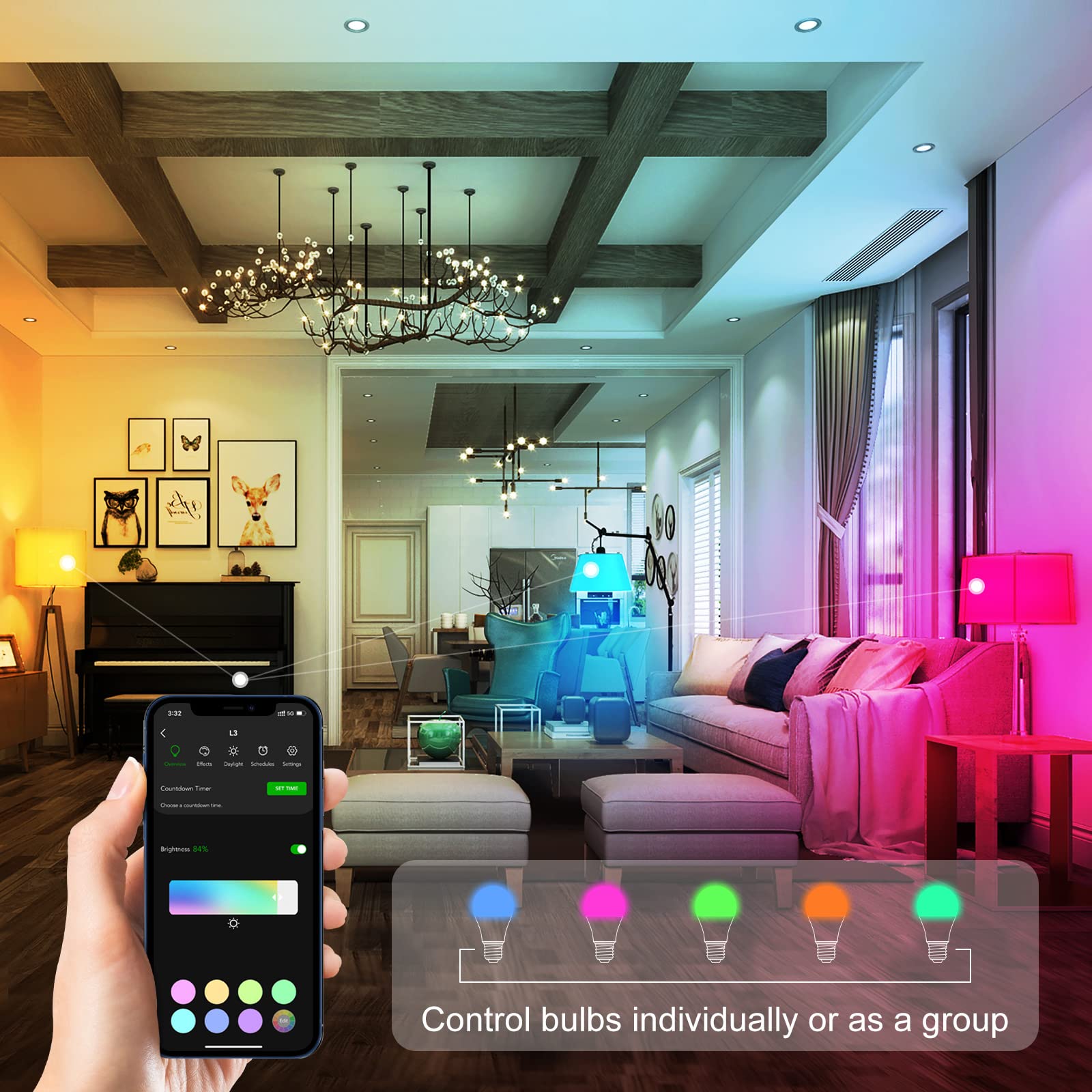 VOCOlinc Smart Light Bulbs,White & RGBW Ambiance LED Smart Bulbs,WiFi LED Light Bulb Work with Alexa Google Home & Apple HomeKit,A21/E26 9.5W, 850LM 60W Equivalent,No Hub Required,2.4GHz Only(1PACK)