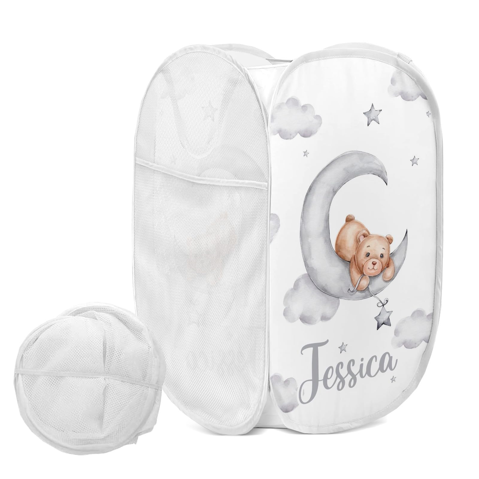 Teddy Bears Moon Clouds Stars Personalized Foldable Laundry Baskets Custom Toy Bag Storage Bag with Handle Customize Mesh Hamper Suitable for Bedroom or Bathroom