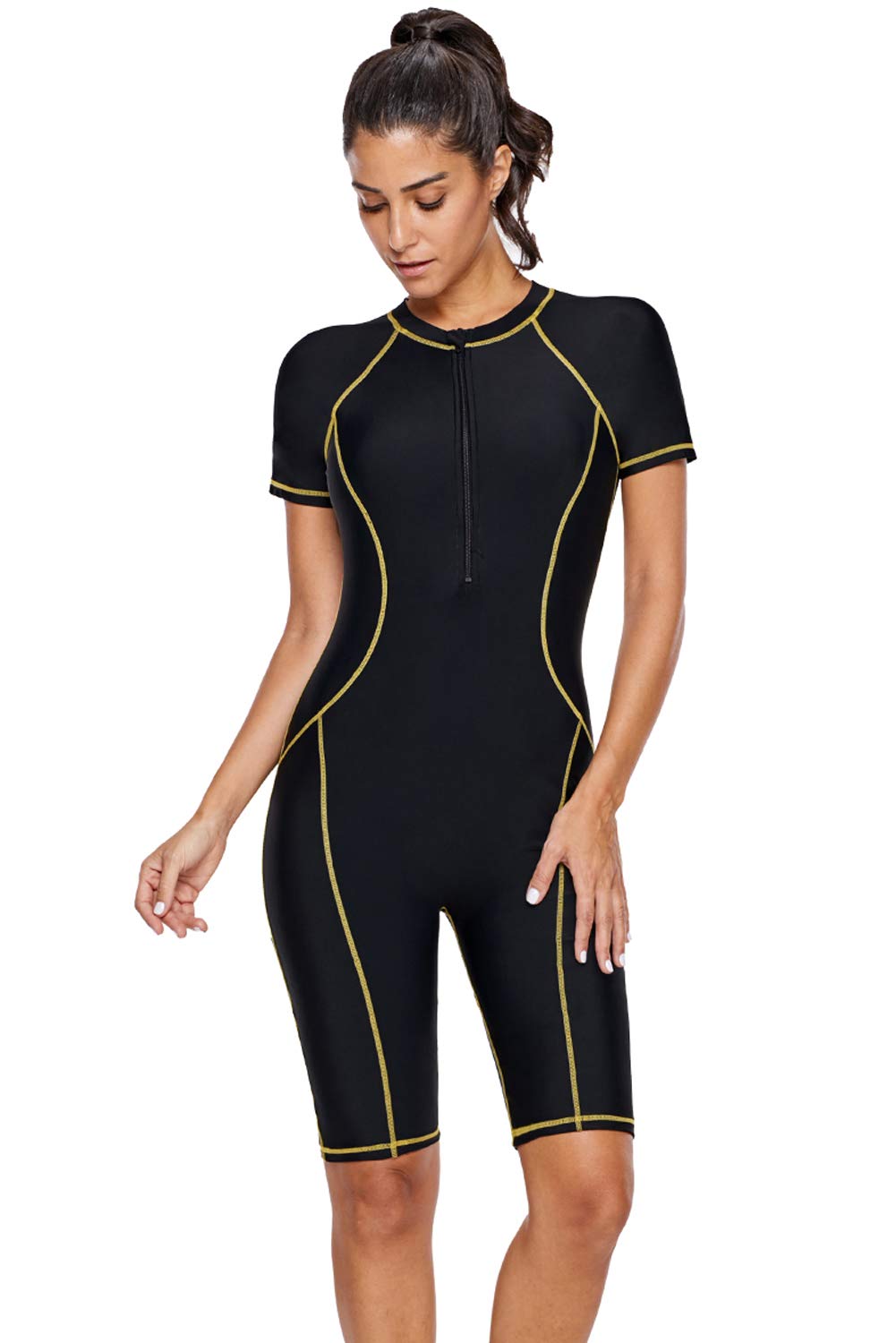 SAILBEE Women's One Piece Short Sleeves Contoured Zip Front Wetsuit Swimsuit (410893 XL, Yellow Seam)