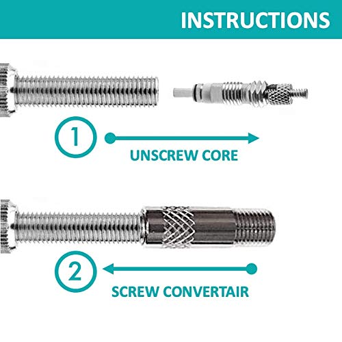 RideAir ConvertAir (Pair) Presta to Schrader Converter (not Adapter) Aluminium Anodized Black Change Your Tube or tubeless Valve to Schrader Easily - for Presta Removable Core (Silver)