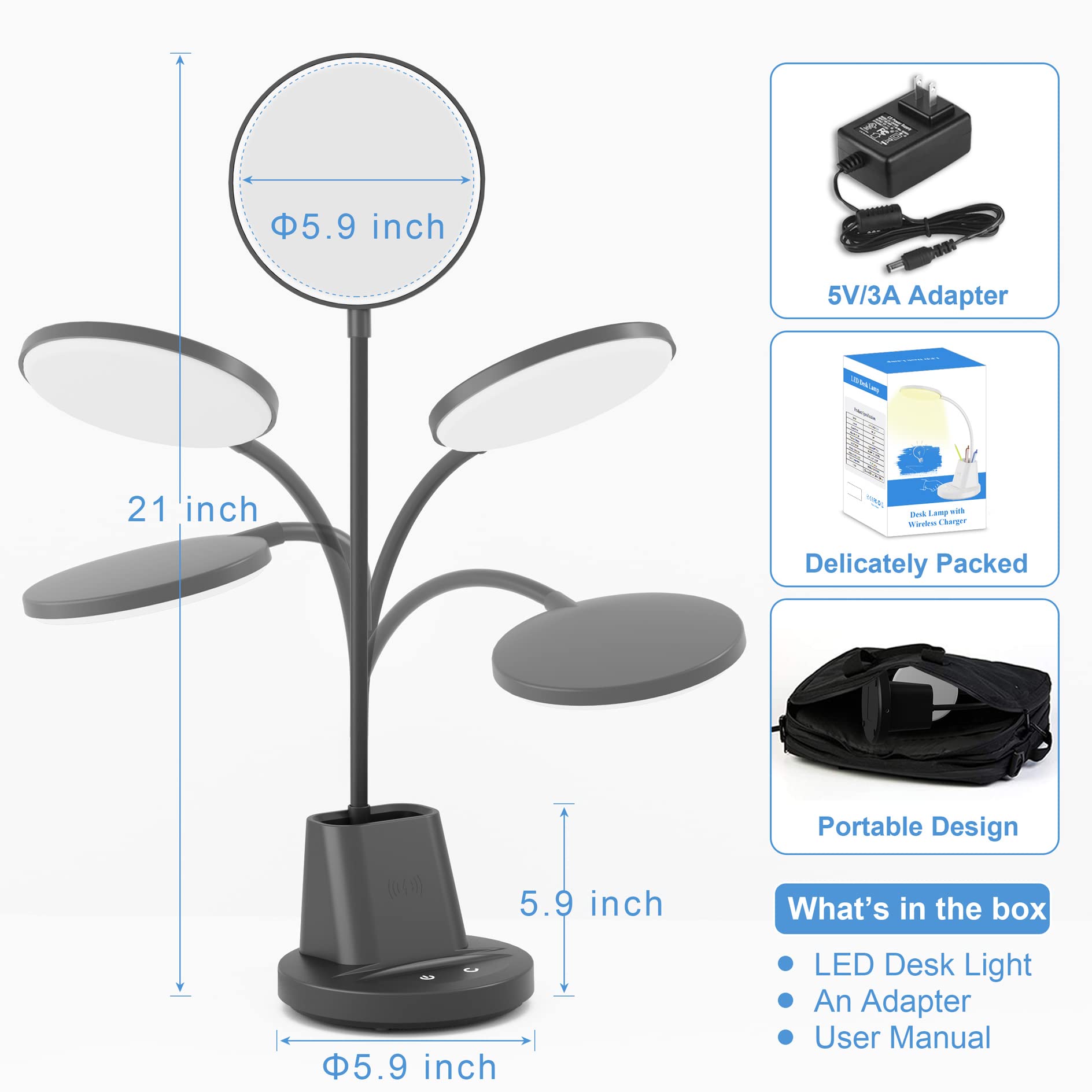 Sailstar Desk Lamp, Desk Lamps for Home Office with Wireless Charger & Pen Holder, 800 Lumens Gooseneck 3 Modes Dimmable Touch Circular LED Desk Light, Small Desk Lamp for College Dorm Room, Black