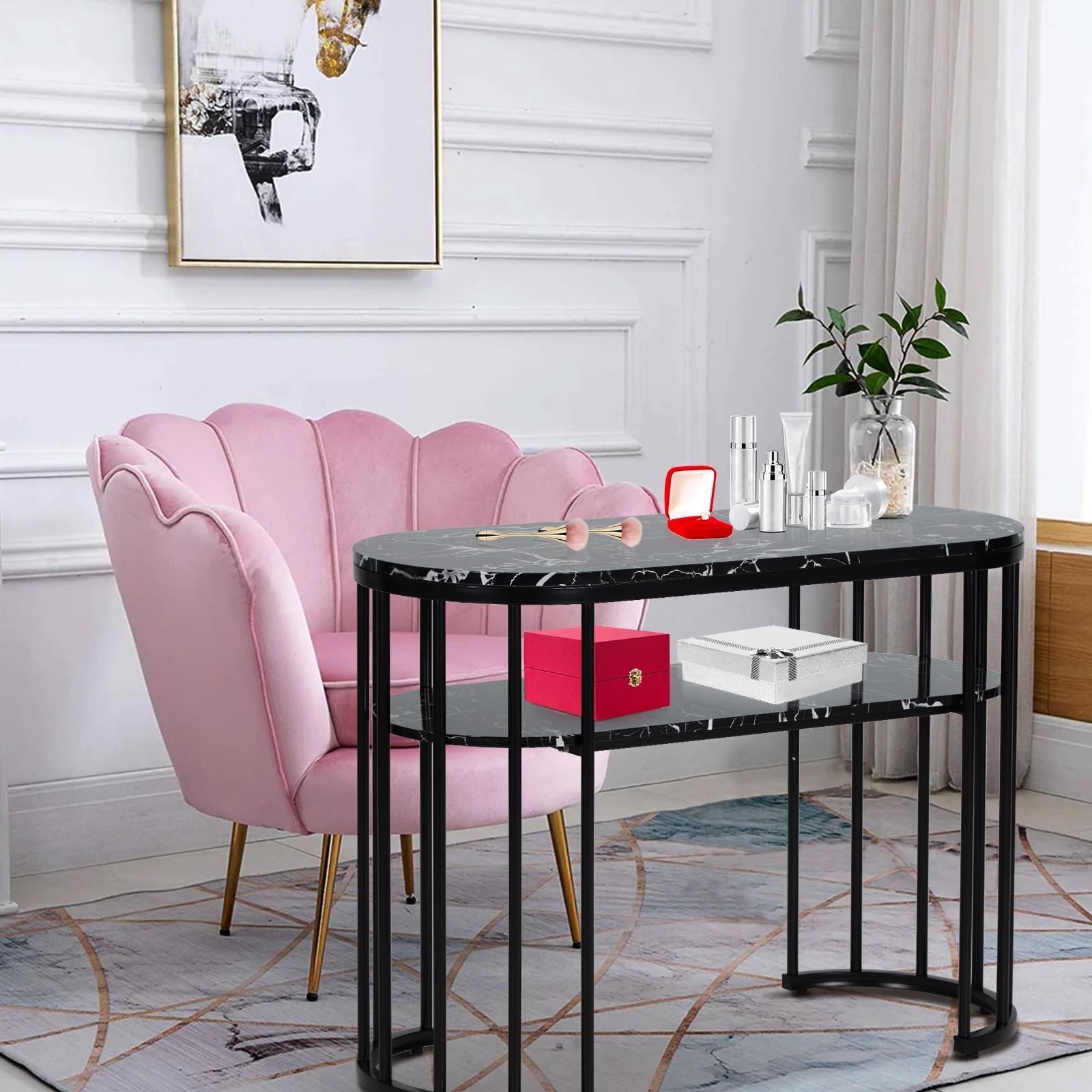 Professional Manicure Table, Workstation for Nail Salons - Sleek Design Marble Texture Nail Desk with Black Metal Frame