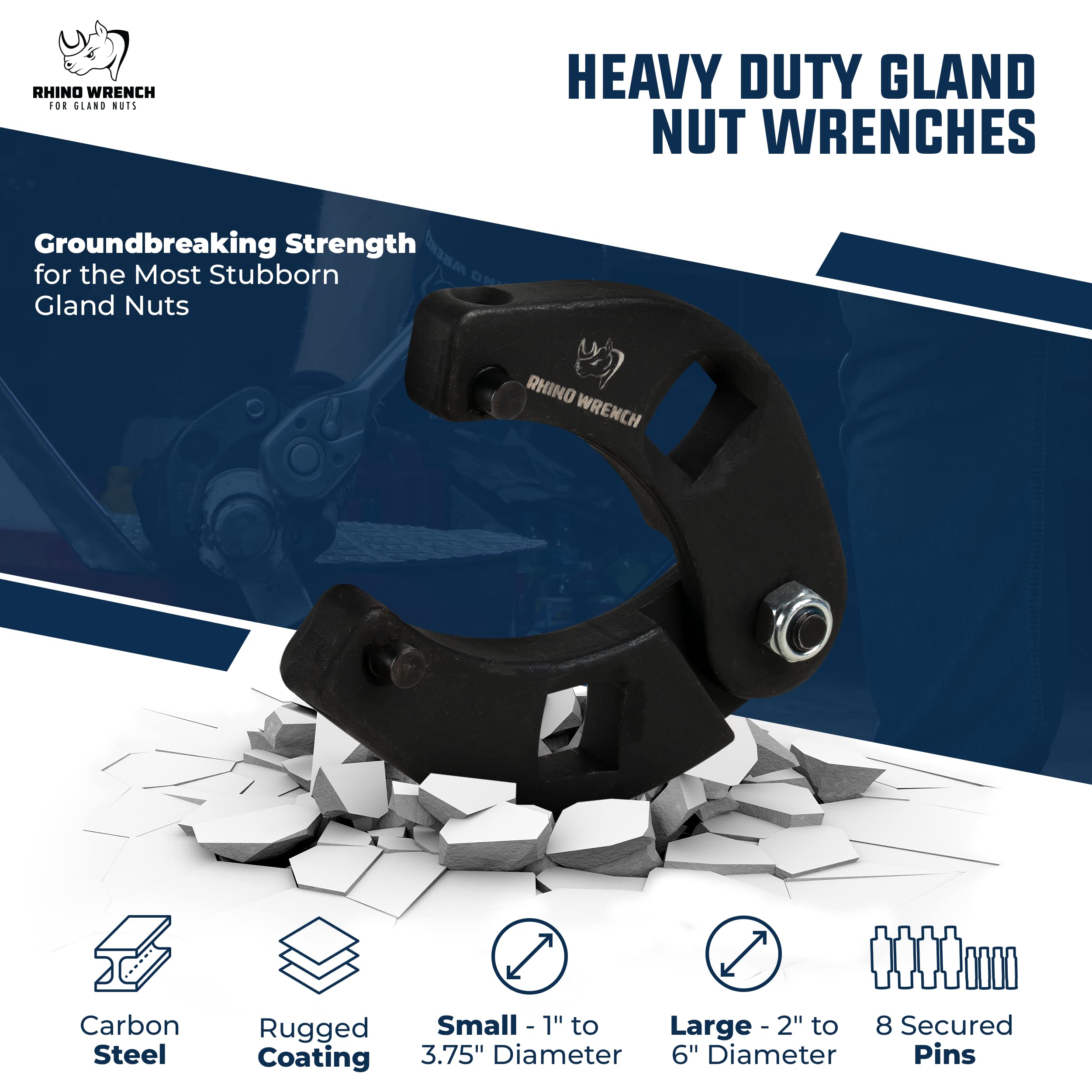 Rhino Gland Nut Wrench - Set of 2 Hydraulic Cylinder Spanner Wrench Adjustable - Spanner Wrench Set Includes Gloves, Microfiber Towel, Pins & Allen Wrenches, Suitable for Farm & Construction Equipment
