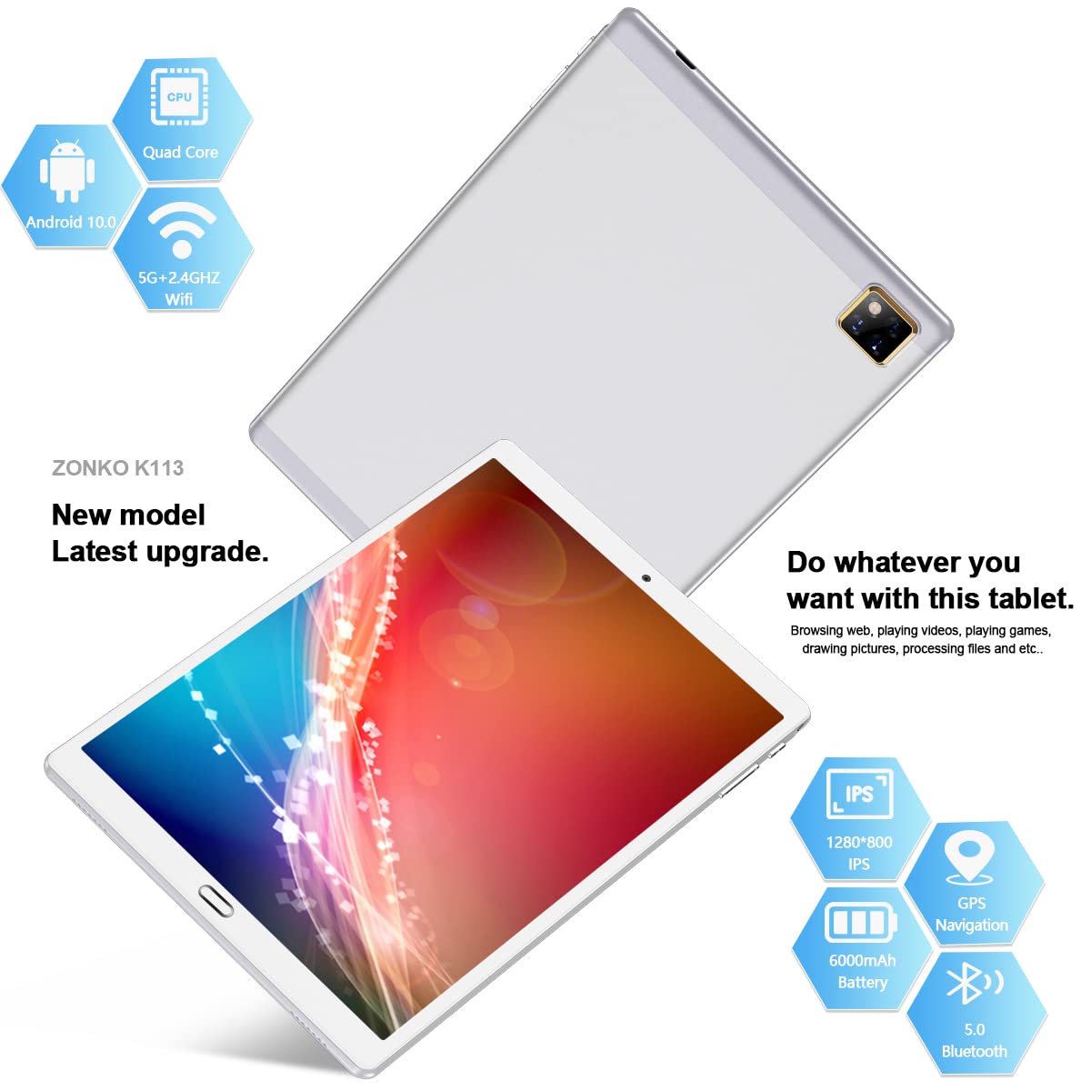 ZONKO 10 inch Tablet, Android 11 Tablets, GMS Tablet with 4+64GB Storage, IPS Full HD Screen, 6000mAh Battery, 13MP Camera Support 5.0 Bluetooth, Dual Band WiFi 5Ghz+2.4Ghz, Tablet PC