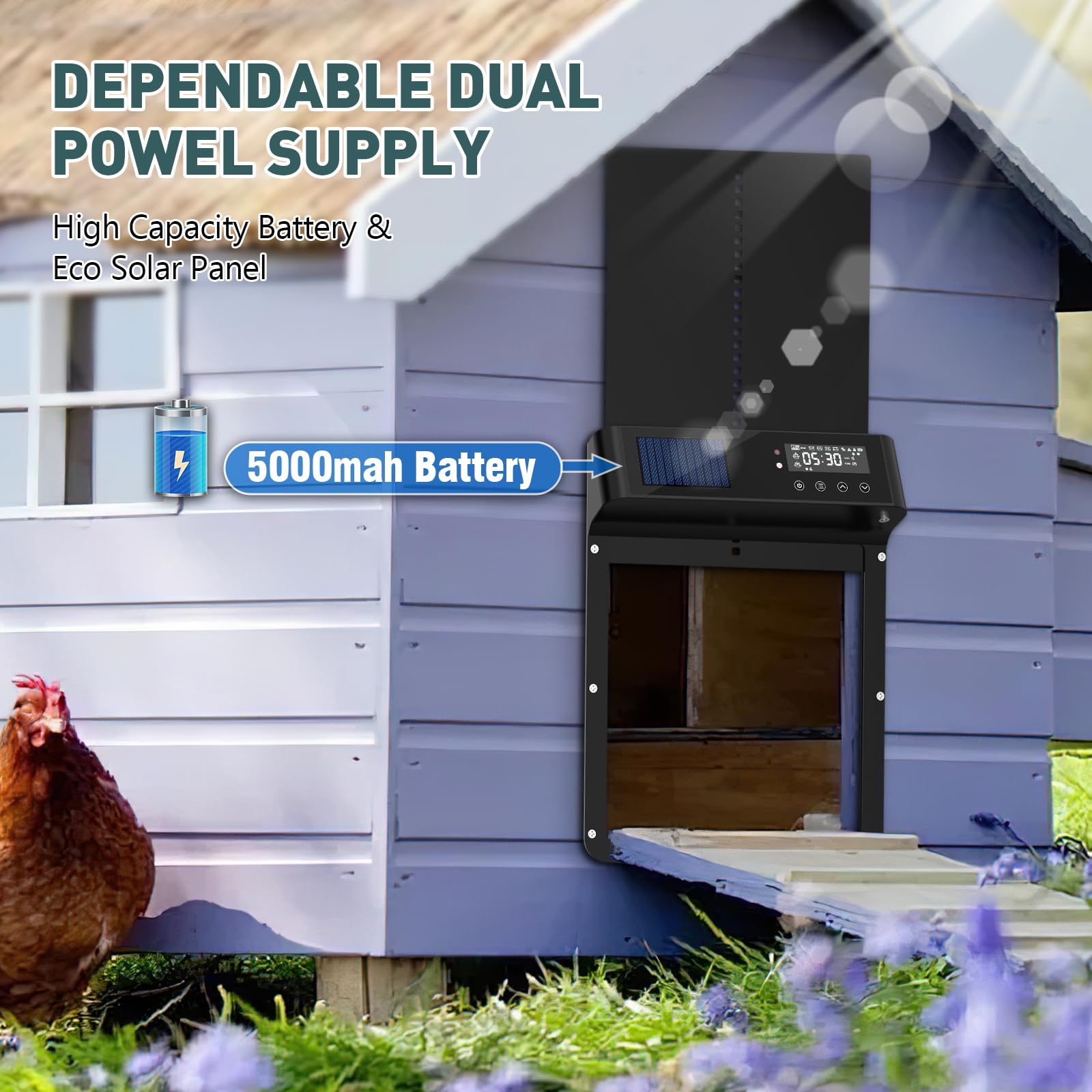 Profey Solar Powered Automatic Chicken Coop Door, LCD Display, 4 Modes, Waterproof, Aluminum Alloy, Remote Control, AA Battery Operated, 9.2x10.7x9.2 inches