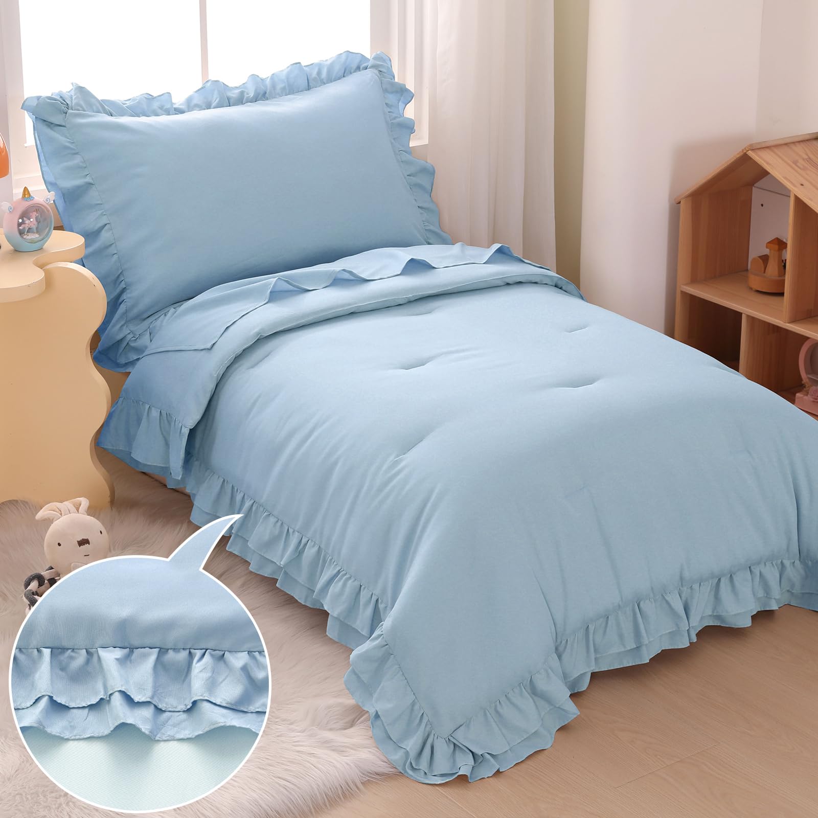 Wowelife 4 Pieces Toddler Bedding Sets for Girls Boys Beige Toddler Bed Set Double Ruffles Boho Bohemian Jacquard Kids Bed in a Bag Includes Comforter, Fitted Sheet, Top Sheet and Pillowcase