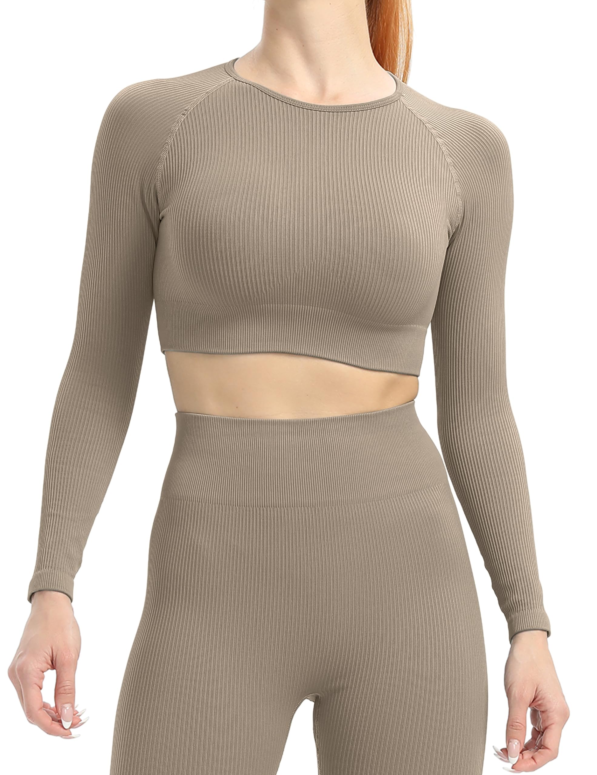 VALANDY Women's Long Sleeve Crop Tops Seamless Workout Shirts Fitted Crewneck Ribbed Running Tees Light Grey