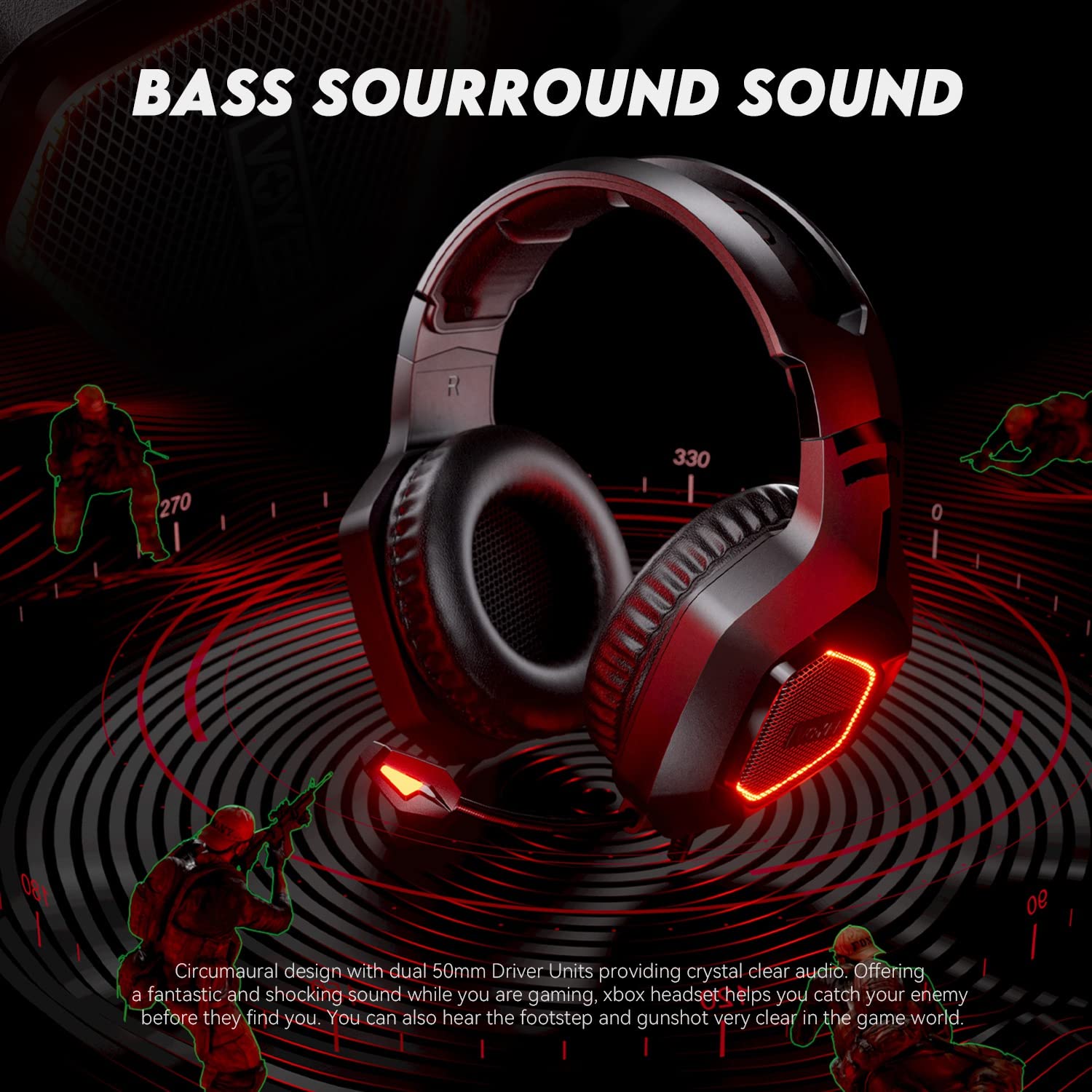 VOYEE Gaming Headset Over Ear PC Headphone Adjustable Headband with Soft Memory Earmuffs Led Light