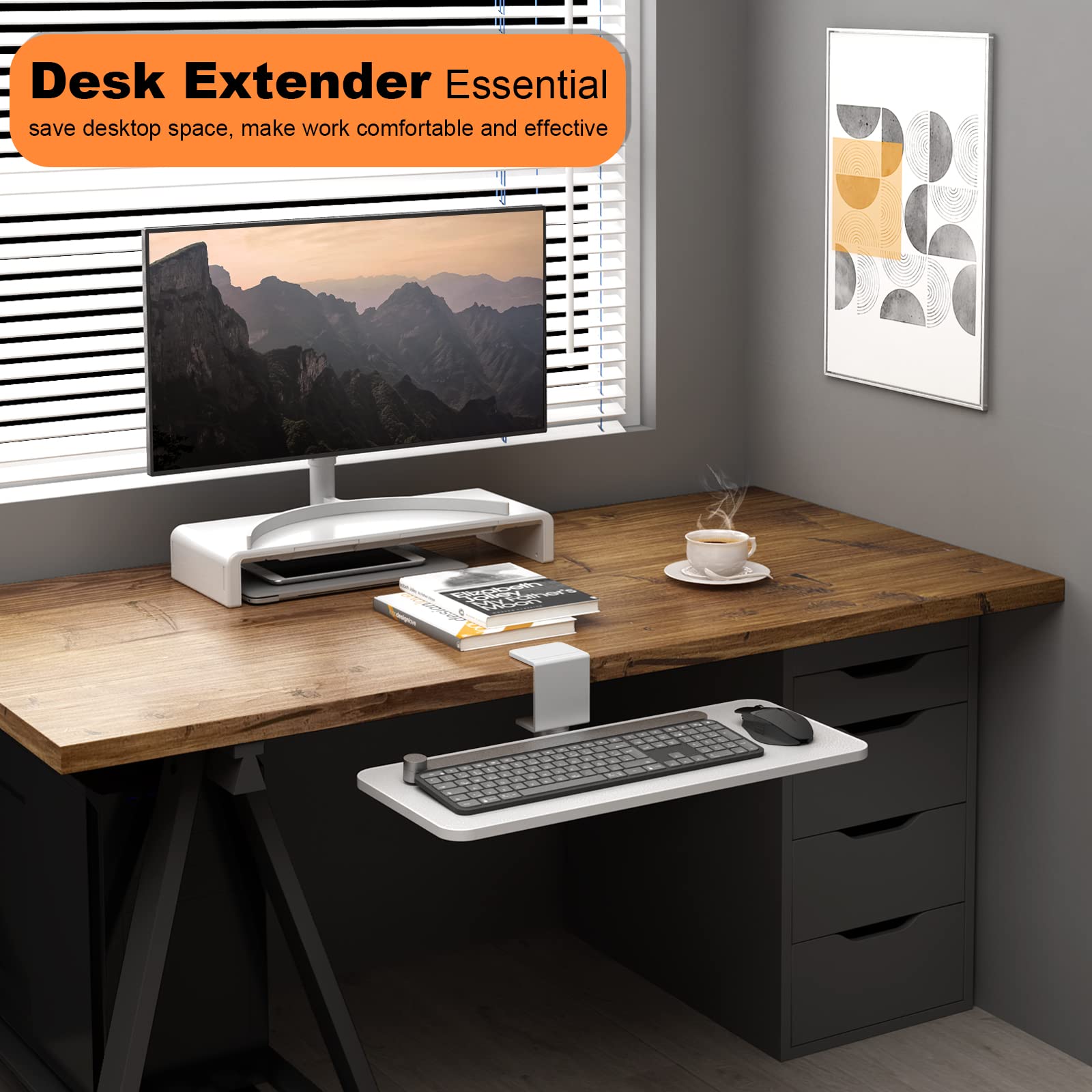 Rotating Keyboard Tray Under Desk - Klearlook PU Leather Keyboard Drawer Adjustable C Clamp,Ergonomic Keyboard Platform Extender,No Drilling,Easy Install Keyboard Stand,23.62"x 9.84"Inch-White