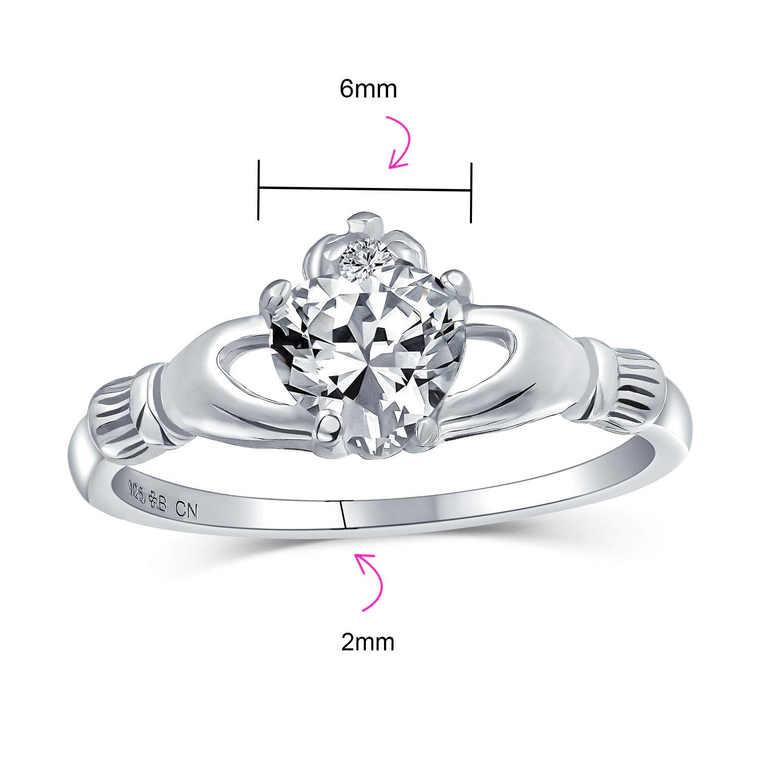 Personalize BFF Sorority Sister Solitaire CZ Celtic Irish Friendship Promise Crown Heart Claddagh Ring For Women Teen .925 Sterling Silver Customizable