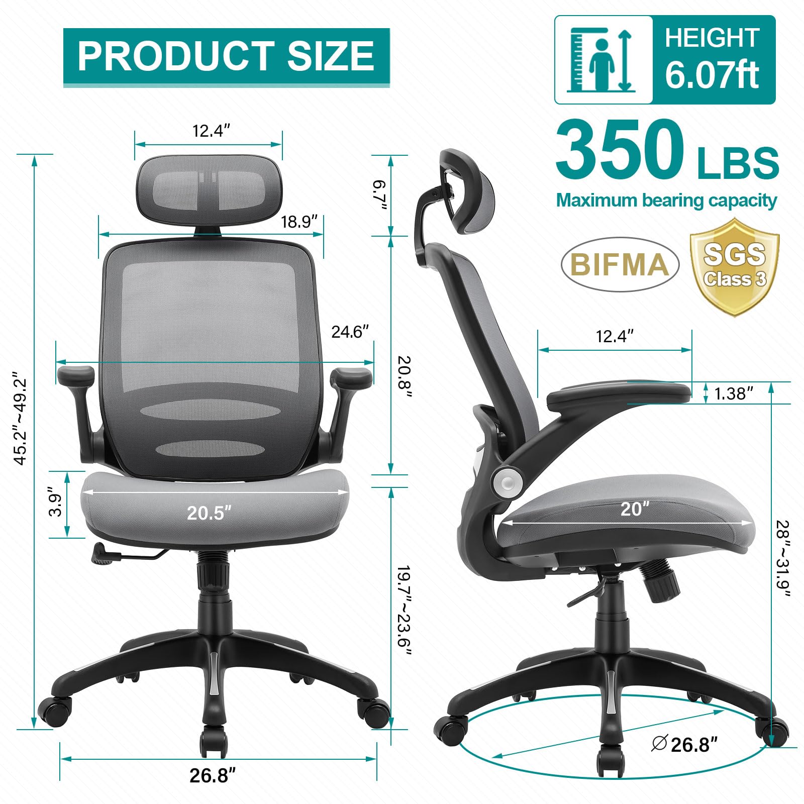 RYDESIGN Ergonomic Office Chair for Heavy People 350lbs,Mesh Office Chair with Flip-Up Arms and Thickened Cushion Desk Chair with Headrest Adjustable Height 135°Tilt Function for Home Office(Grey)