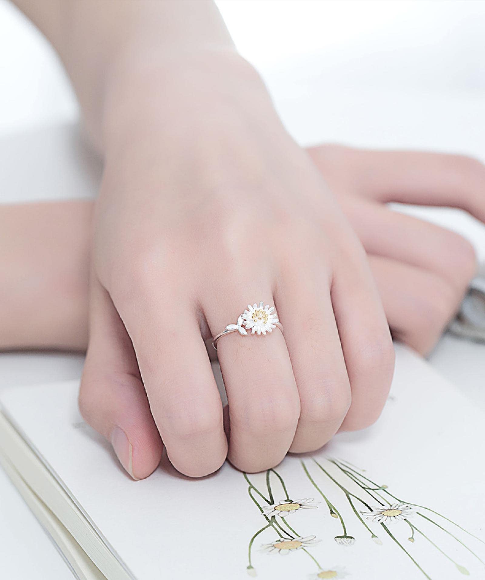 Women'S Sterling Silver Open Ring, Daisy Ring, Adjustable Size Ring 1