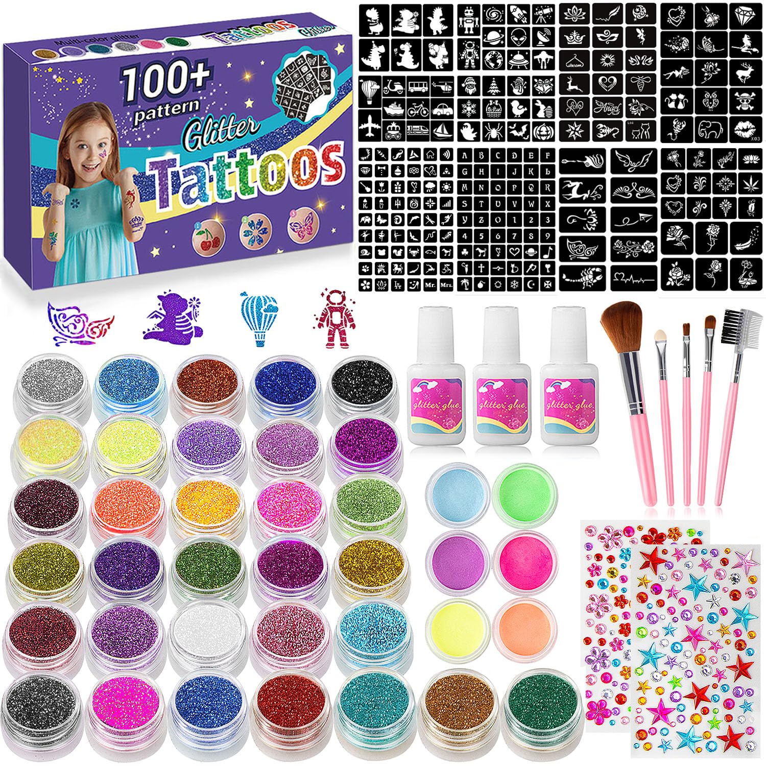 Temporary Glitter Tattoos Kids,32 Glitter Colors and 6 Fluorescent Colors,209 Stencils,2 diamond stickers,3 Glue,5 Brushes,Adults and Kids Arts Glitter Kit,Wonderful Holiday Gifts for Girls & Boys.